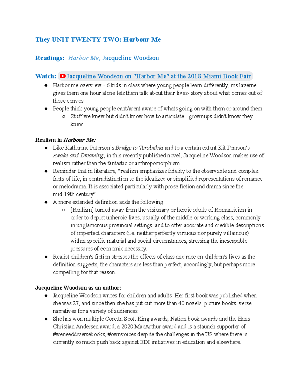 Lecture Notes: Harbour Me by Jacqueline Woodson - Studocu