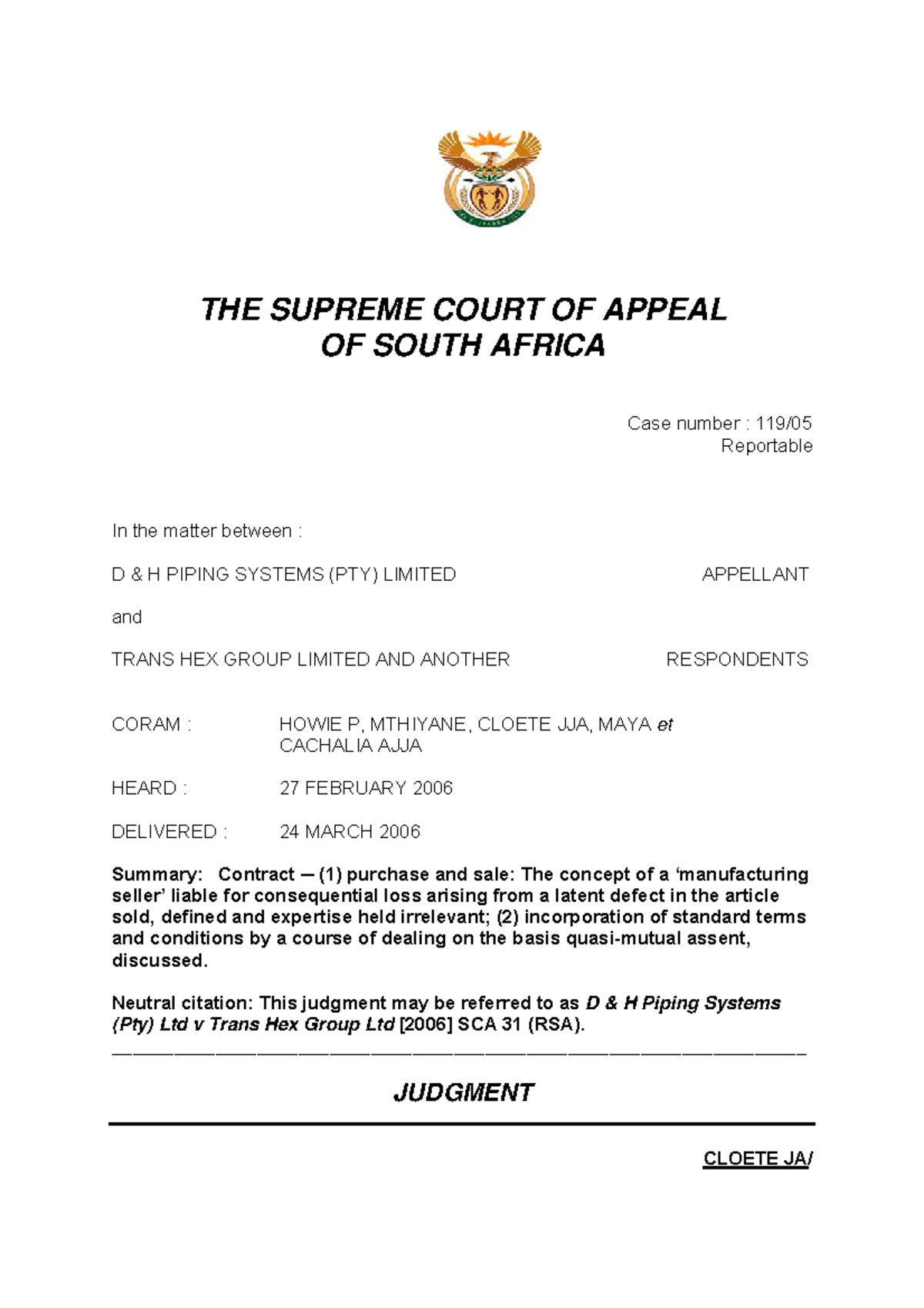 Liability of Manufacturing Sellers for Latent Defects: Case Study SCA ...