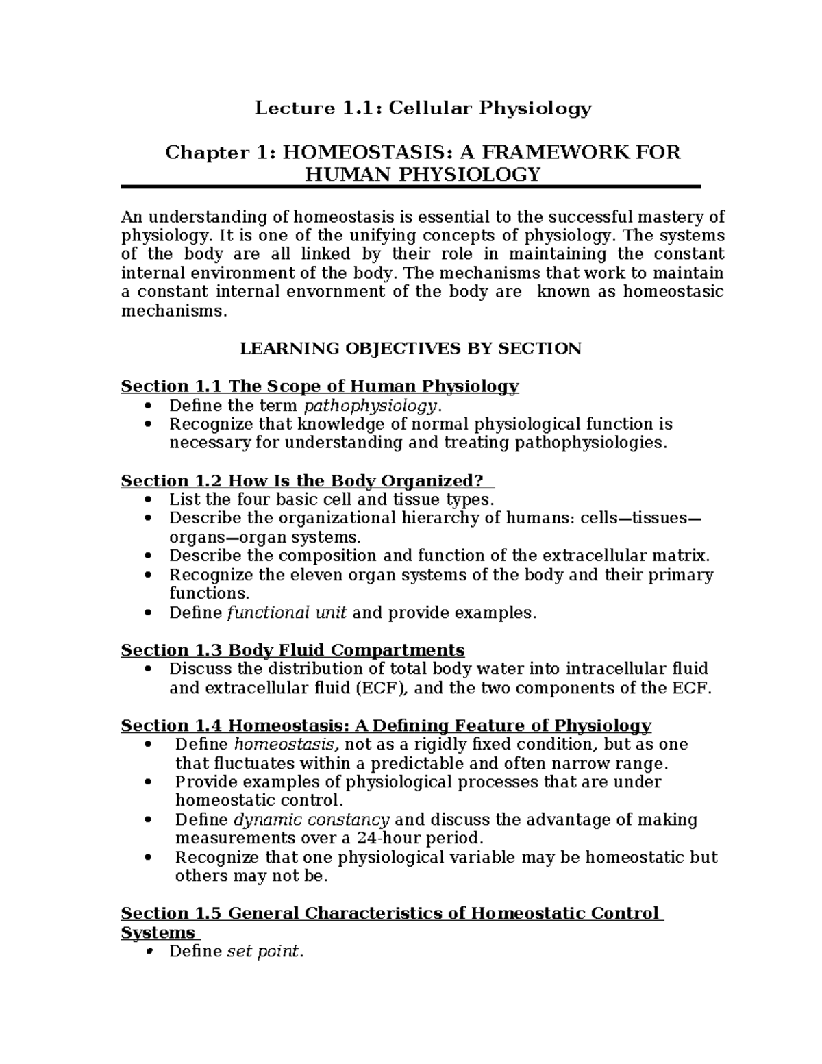 BIO 392 Lecture 1.1: Homeostasis in Human Physiology - Studocu