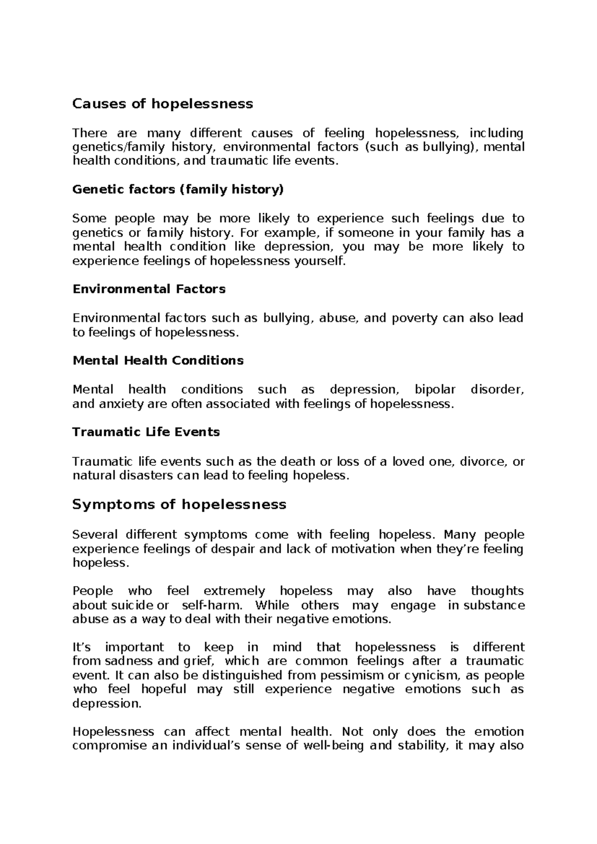 Beck Hopelessness Scale Report: Causes, Symptoms, and Treatment ...