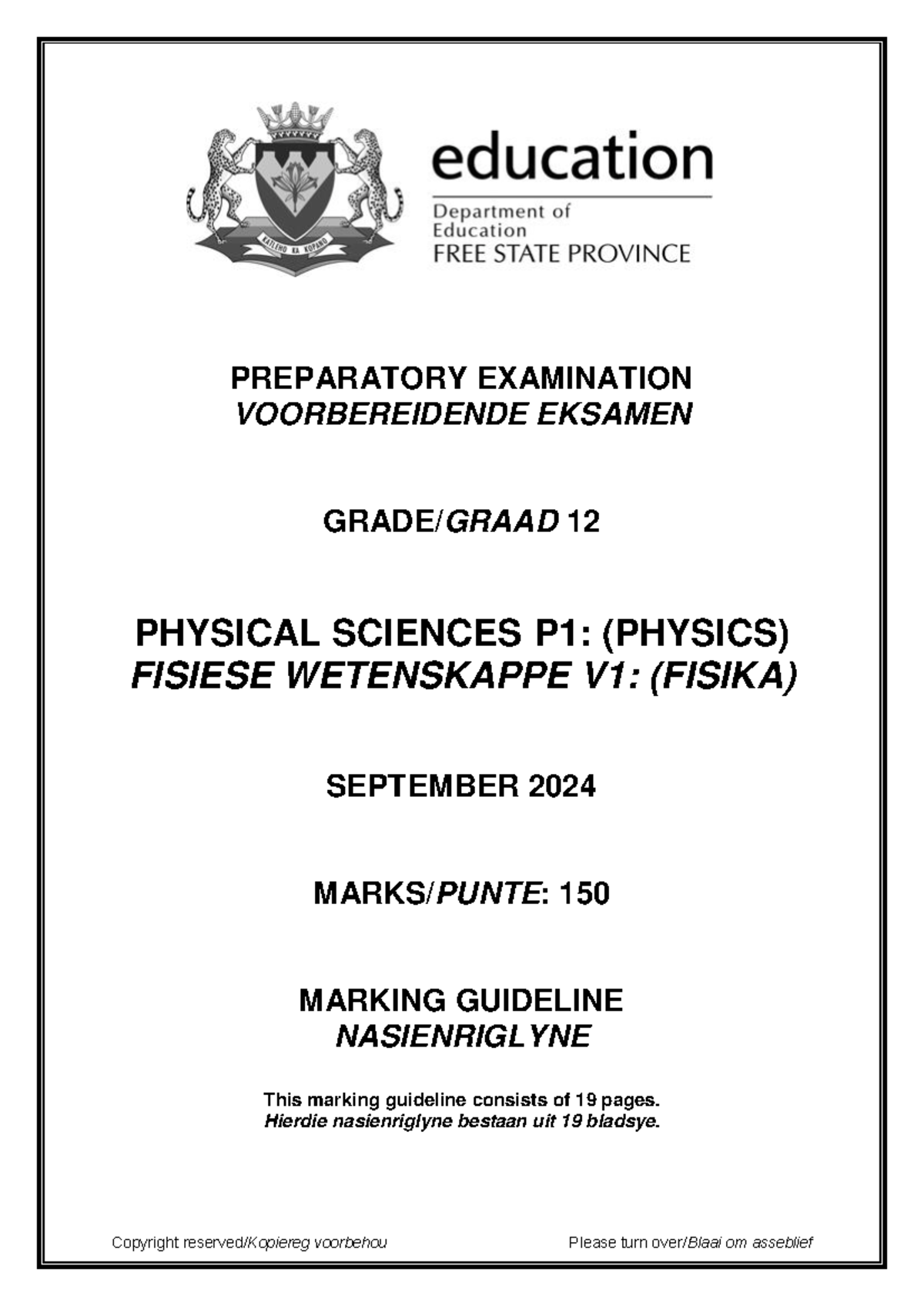 FS - Grade 12 Physical Sciences P1 Prep Exam Marking Guideline - Sep ...