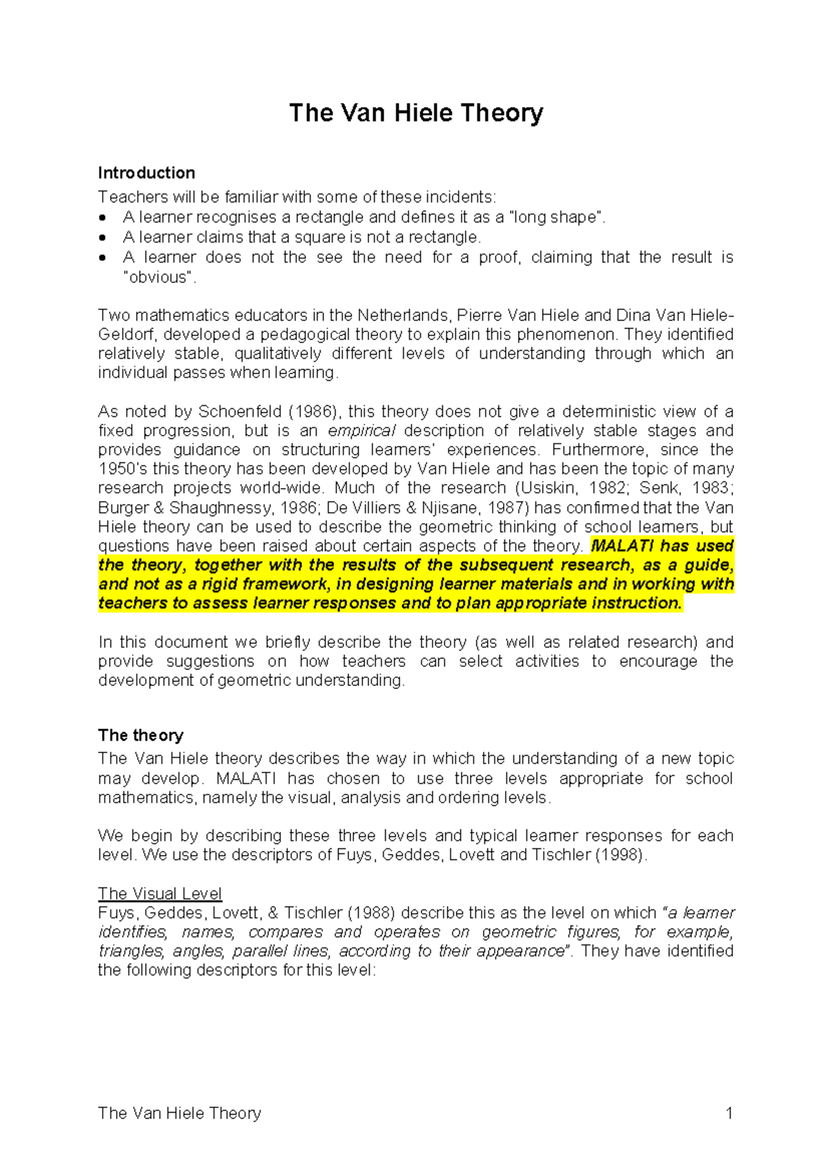 Van Hiele Theory: Lecture Notes for Geometry Education Insights - Studocu