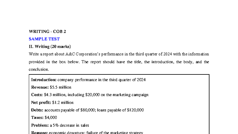 COB 2 Q3 2024 Performance Report: Writing Sample Test II - Studocu