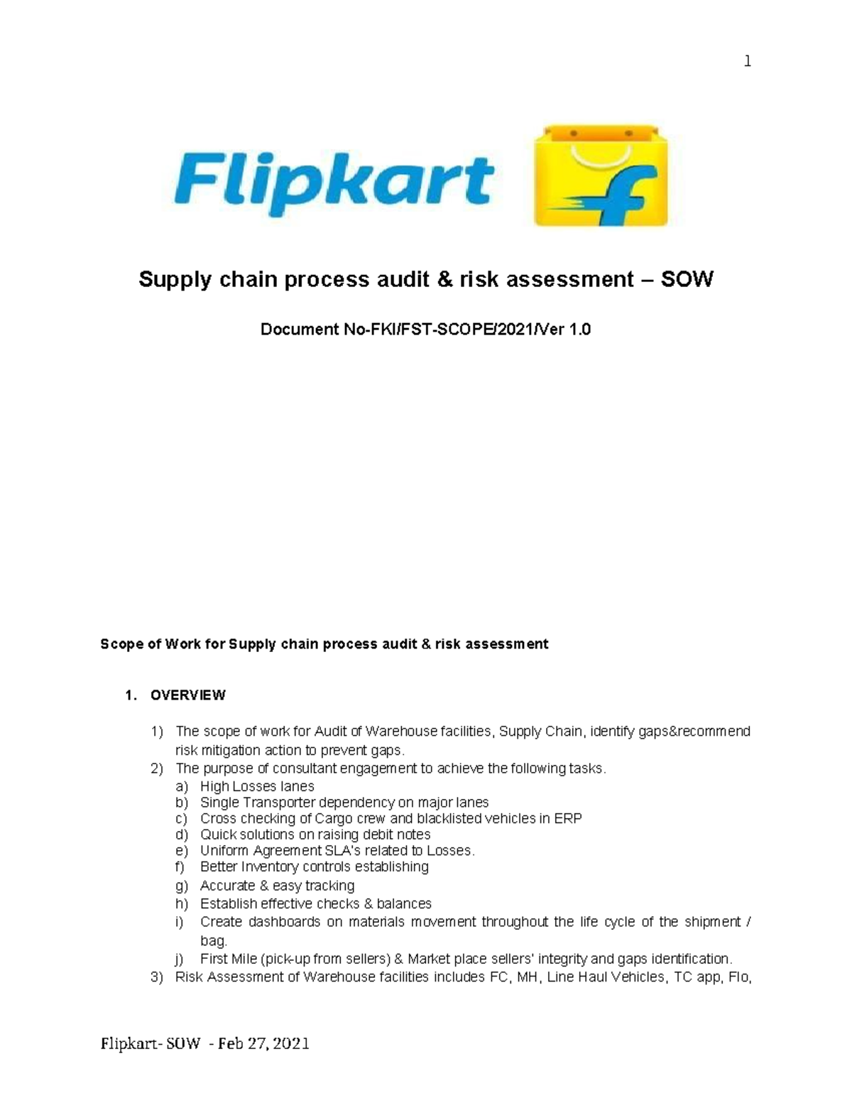 SOW for Supply Chain Audit Risk Assessment - Feb 27, 2021 - Studocu