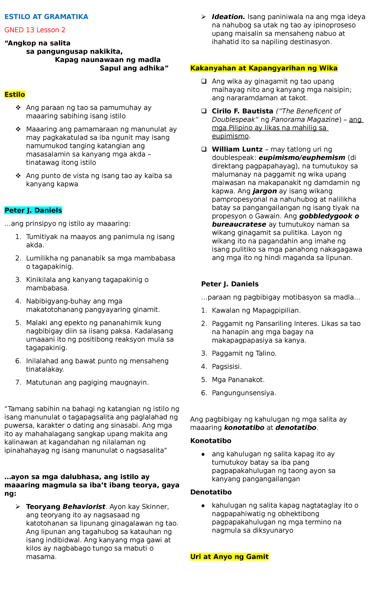 GNED 13 Estilo at Gramatika - Comprehensive Lesson Notes - Studocu