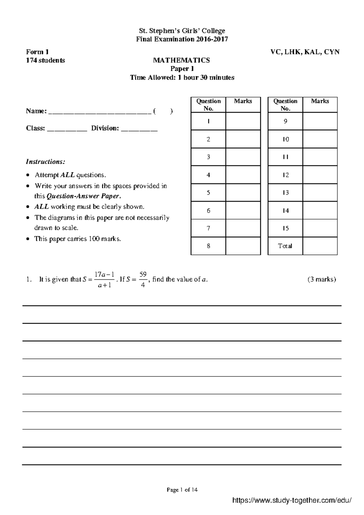 F1 Final Exam Mathematics 2016-2017 Question Paper - Studocu