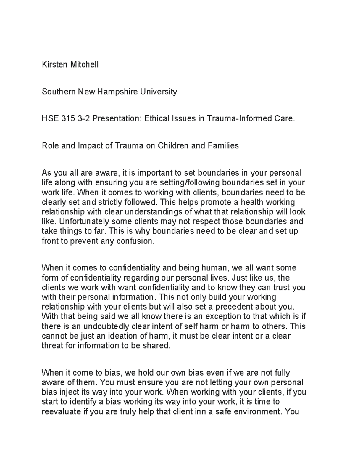 HSE 315 Week 3: Ethical Issues in Trauma-Informed Care - Studocu