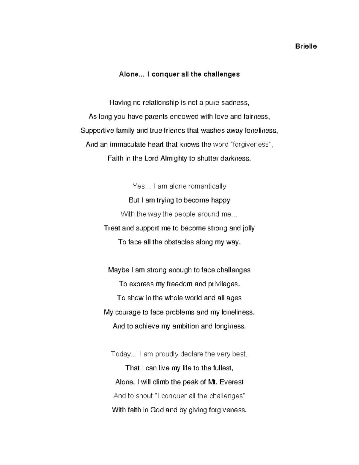 Poem Writing: Alone, I Conquer All Challenges by Brielle - Studocu
