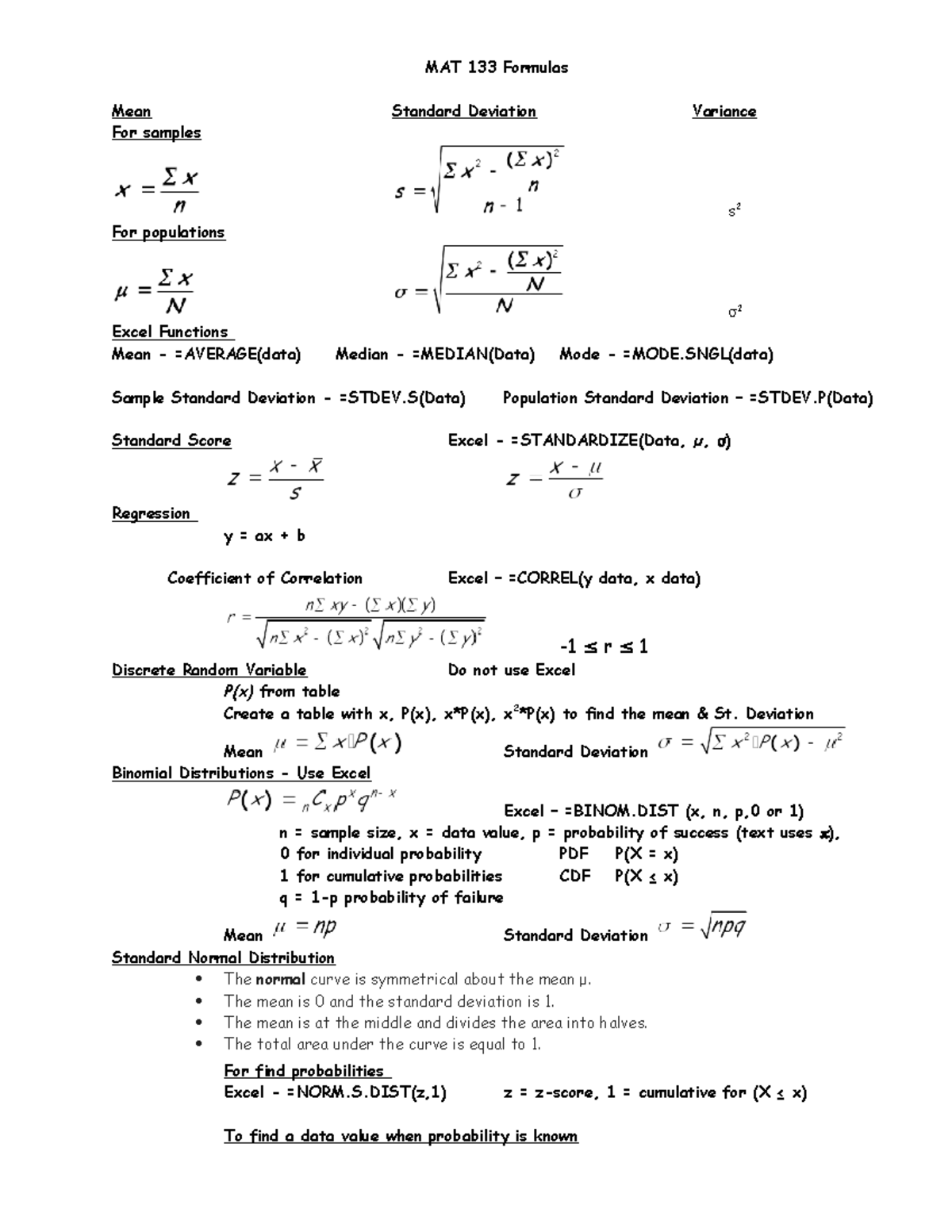 MAT 133 Final Exam - Comprehensive Math Formulas Guide - Studocu