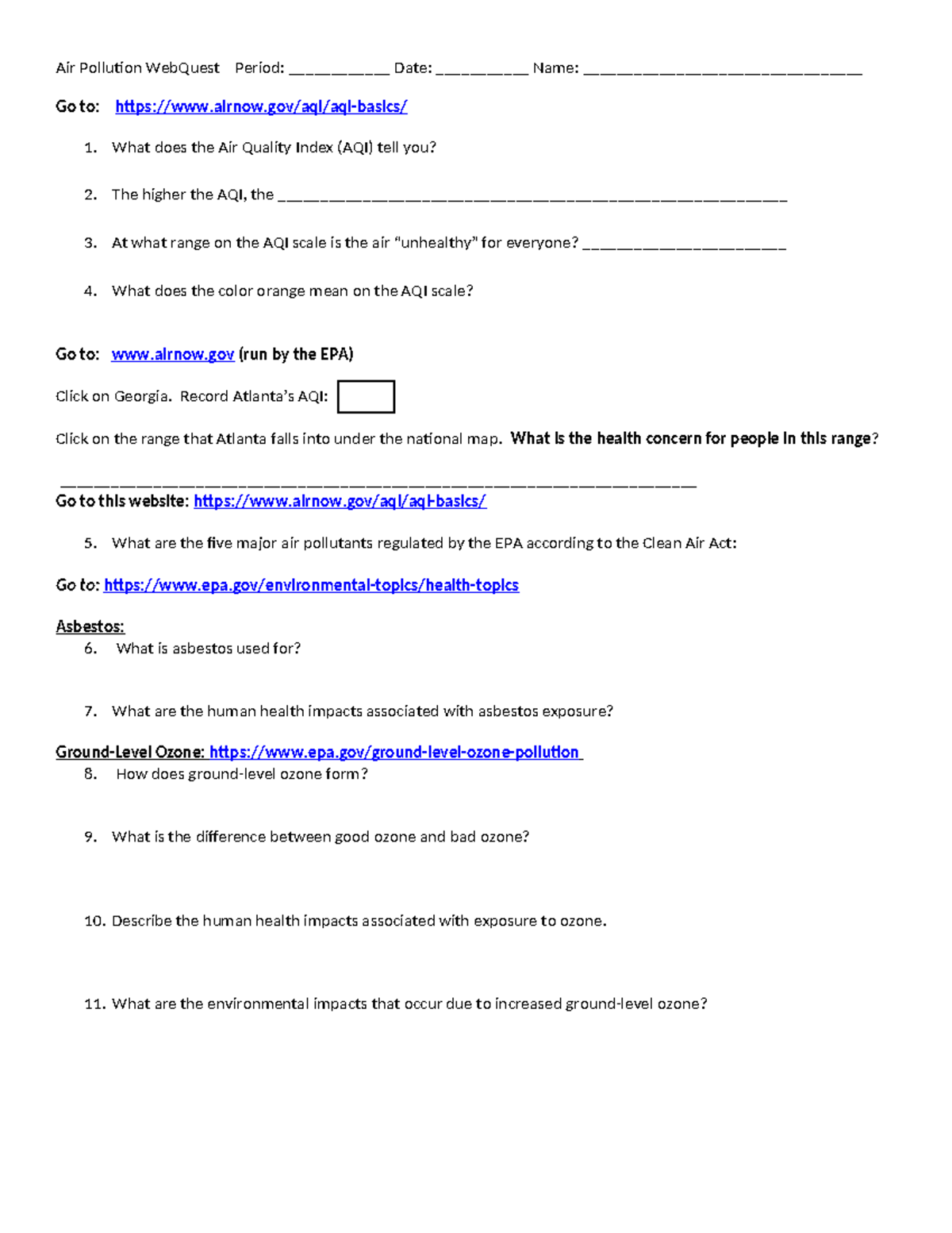 Air Pollution WebQuest: Understanding AQI and Health Impacts - Studocu