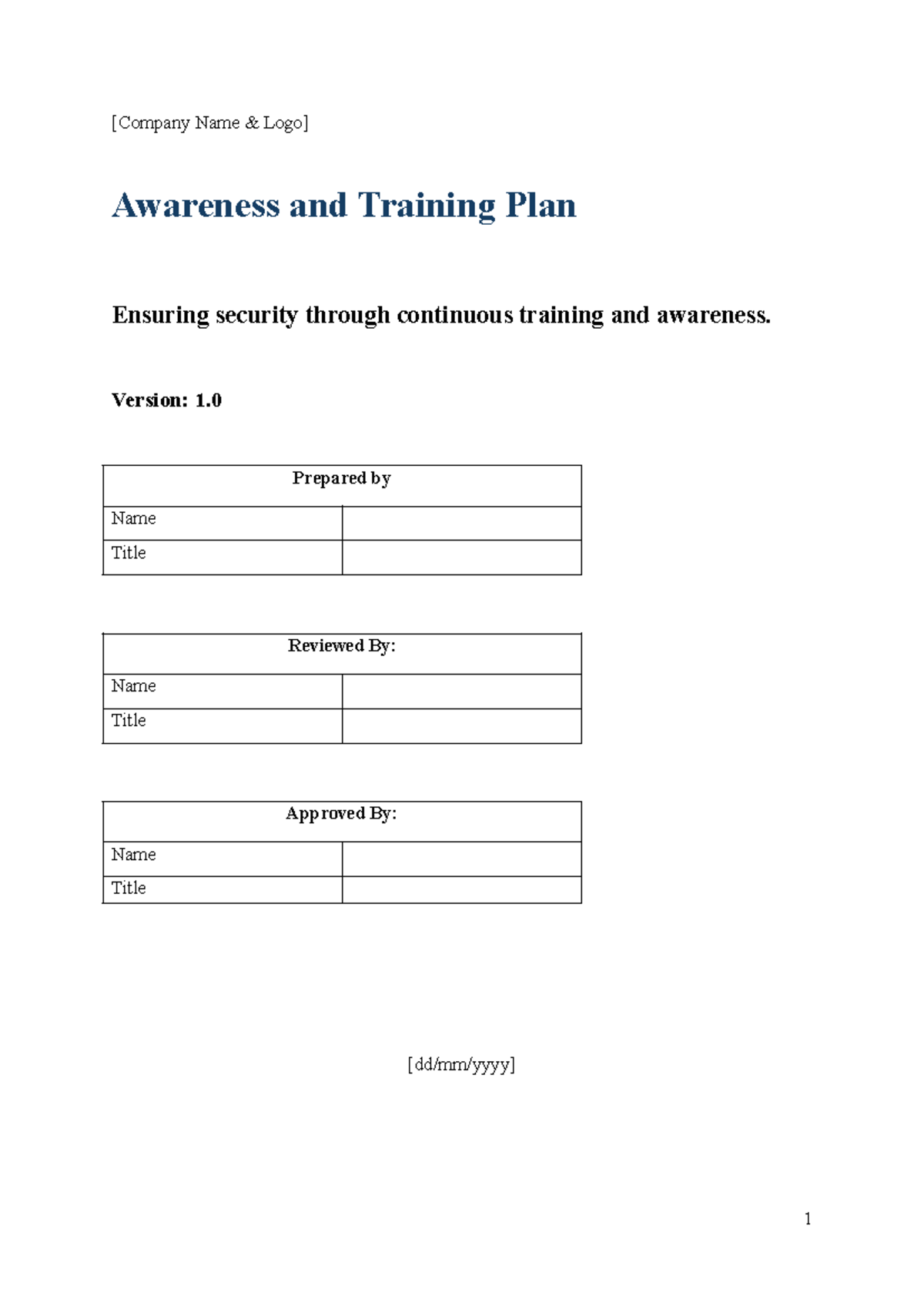Security Awareness & Training Plan: Version 1.0 - Studocu