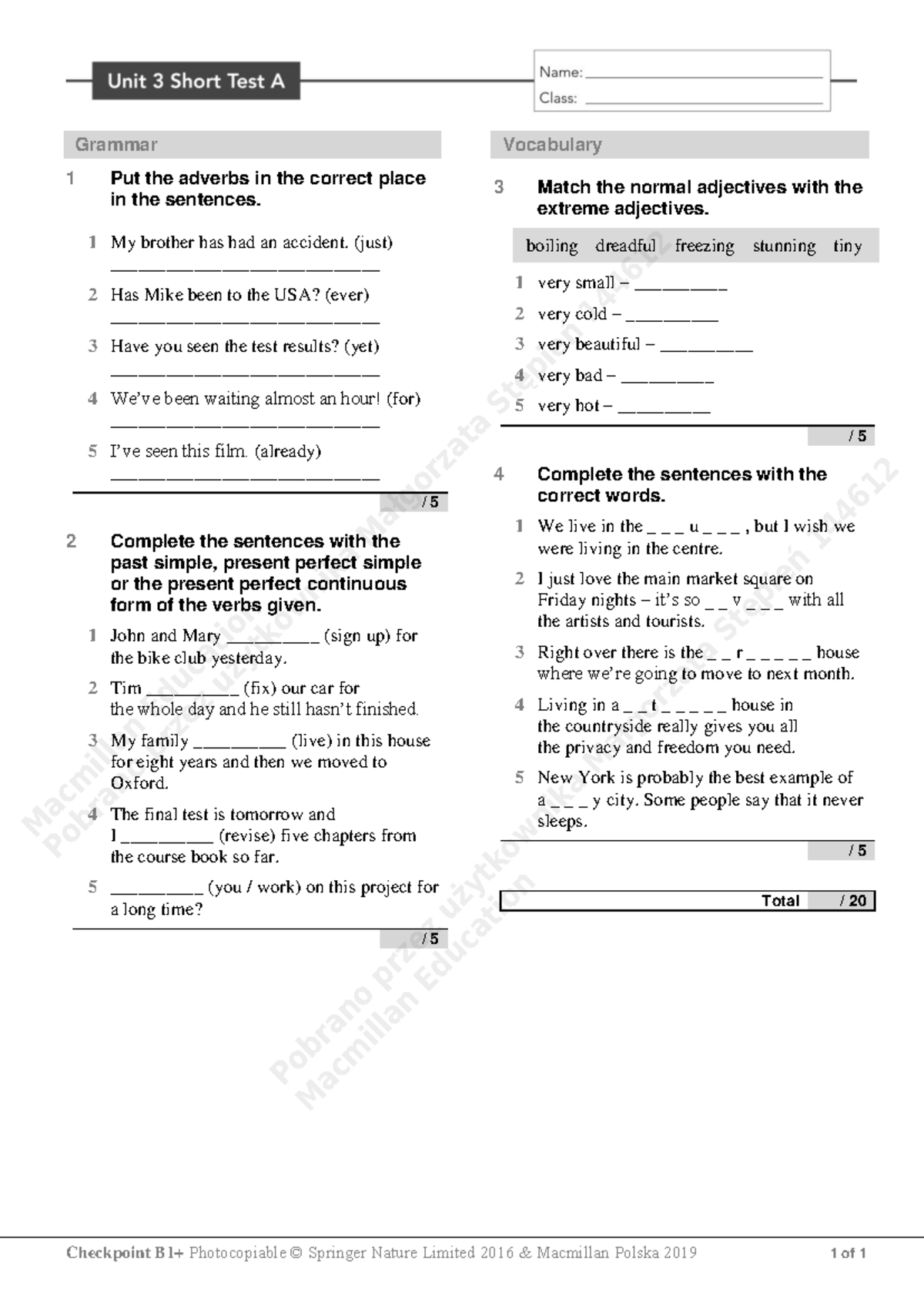 Checkpoint B1+ Unit 3 Grammar Vocabulary Short Test A - Studocu
