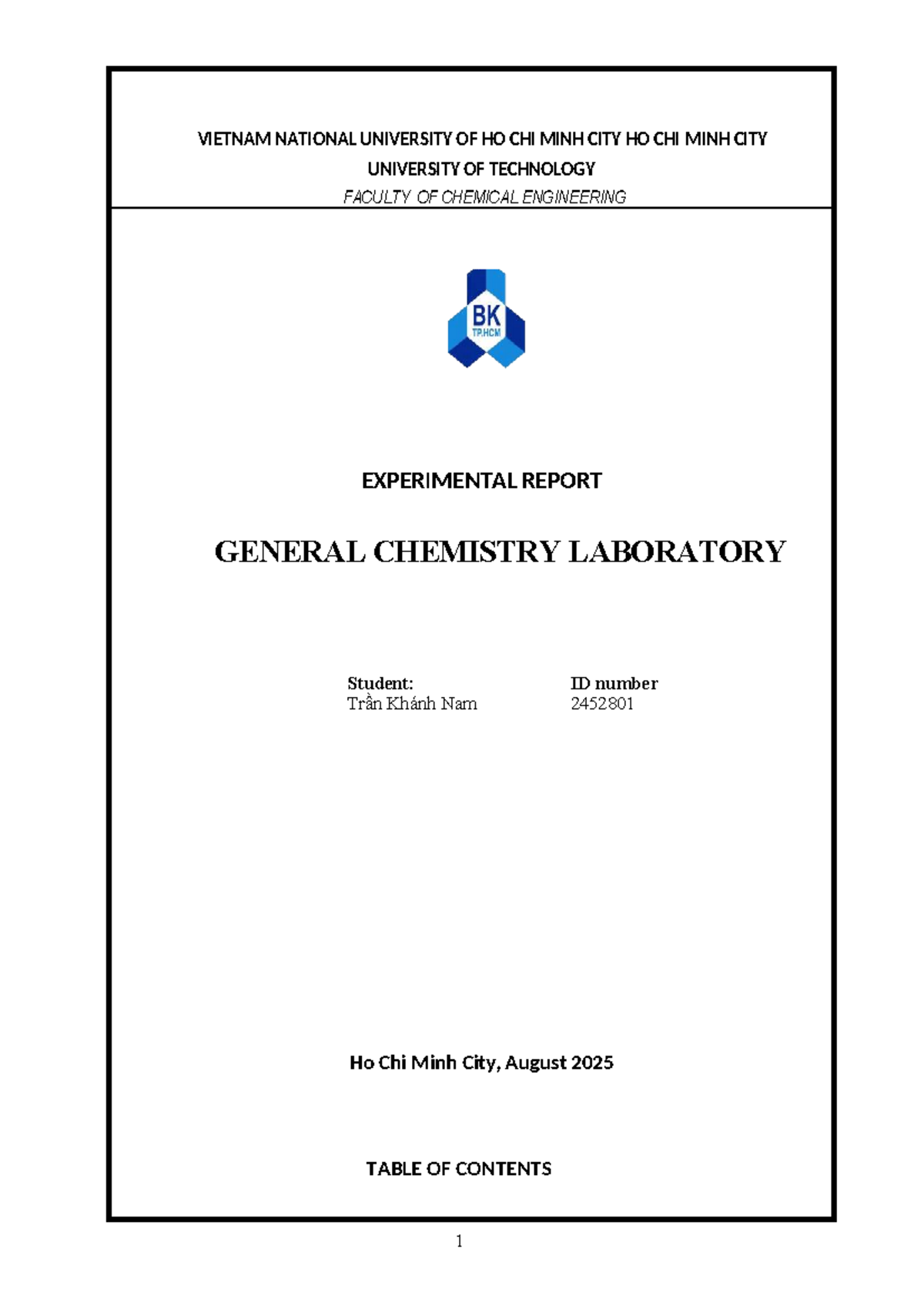 Experimental Report: General Chemistry Lab - VNUHCM- HCMUT - Studocu