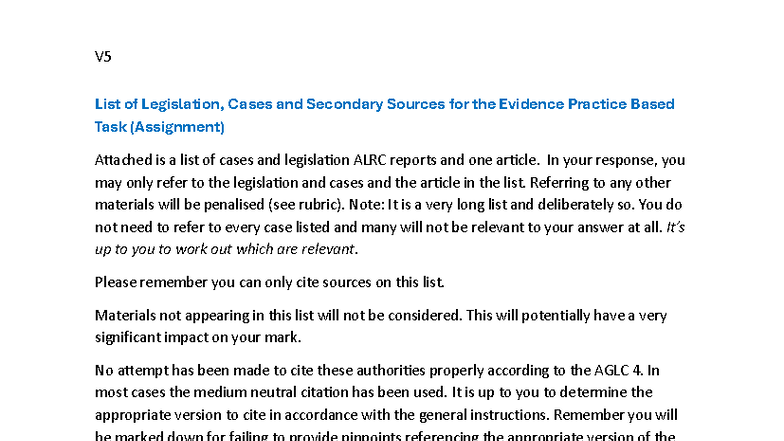 V5 Evidence Practice Task: Legislation, Cases & Sources List - Studocu
