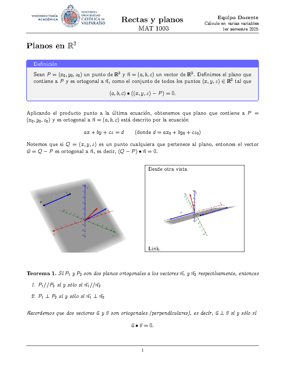 Rectas y Planos en R³ - MAT 1003 - Cálculo en Varias Variables - Studocu