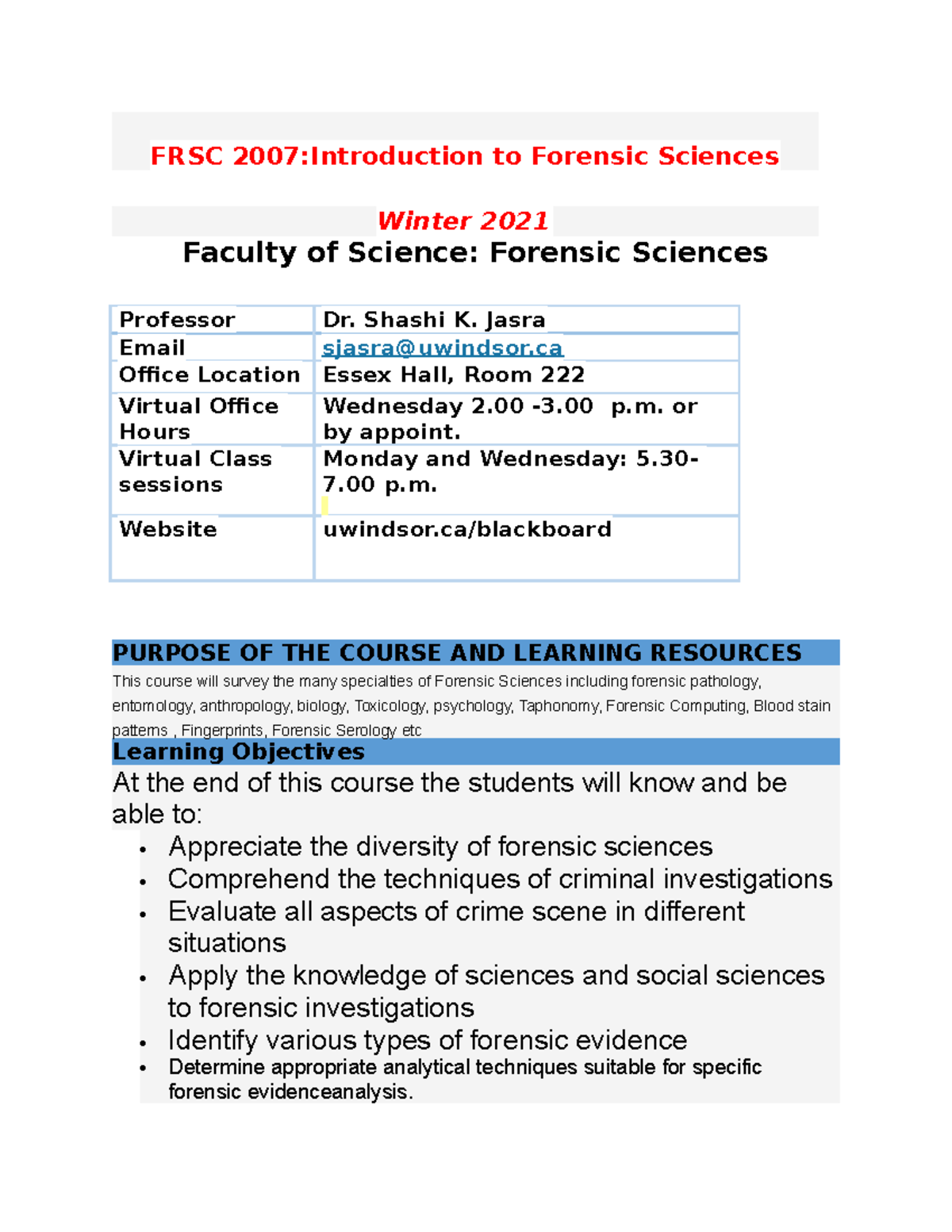 FRSC 2007: Forensic Science Course Syllabus - Winter 2021 - Studocu