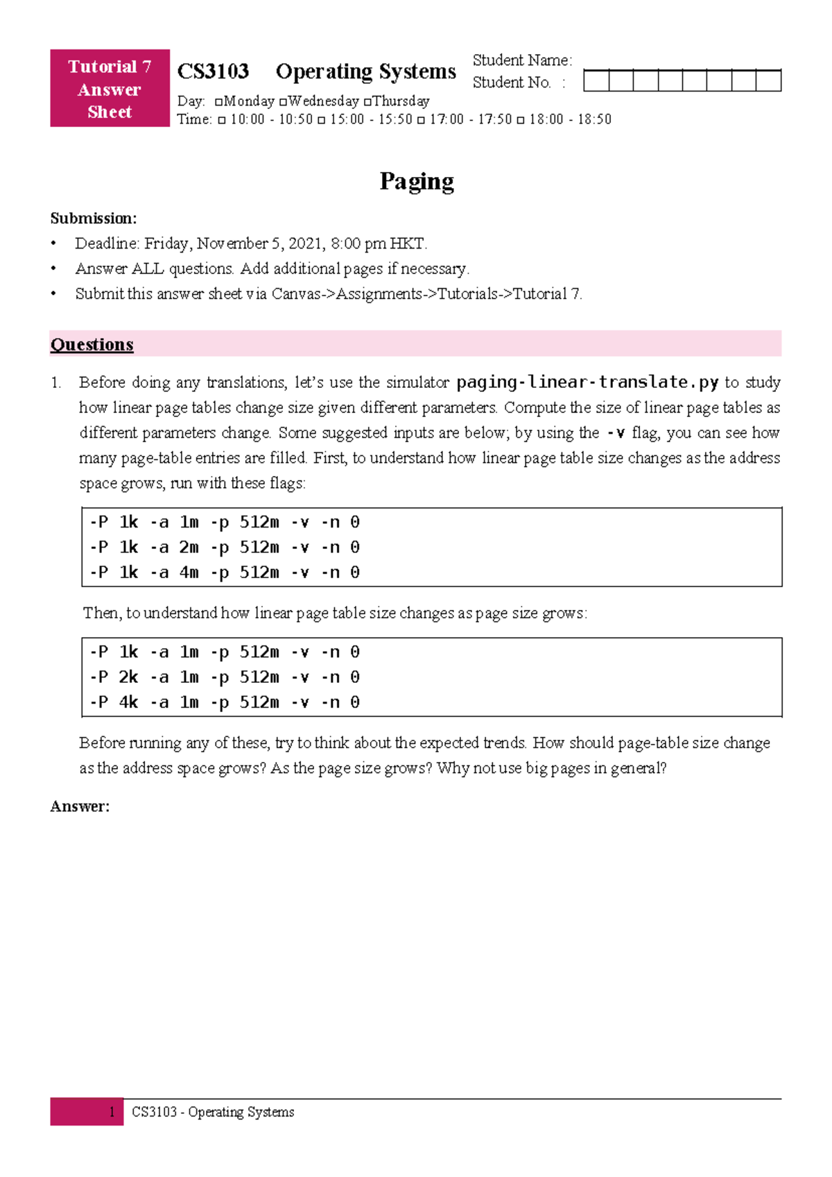 CS3103 Tutorial 7 answersheet - Tutorial 7 Answer Sheet CS3103 ...