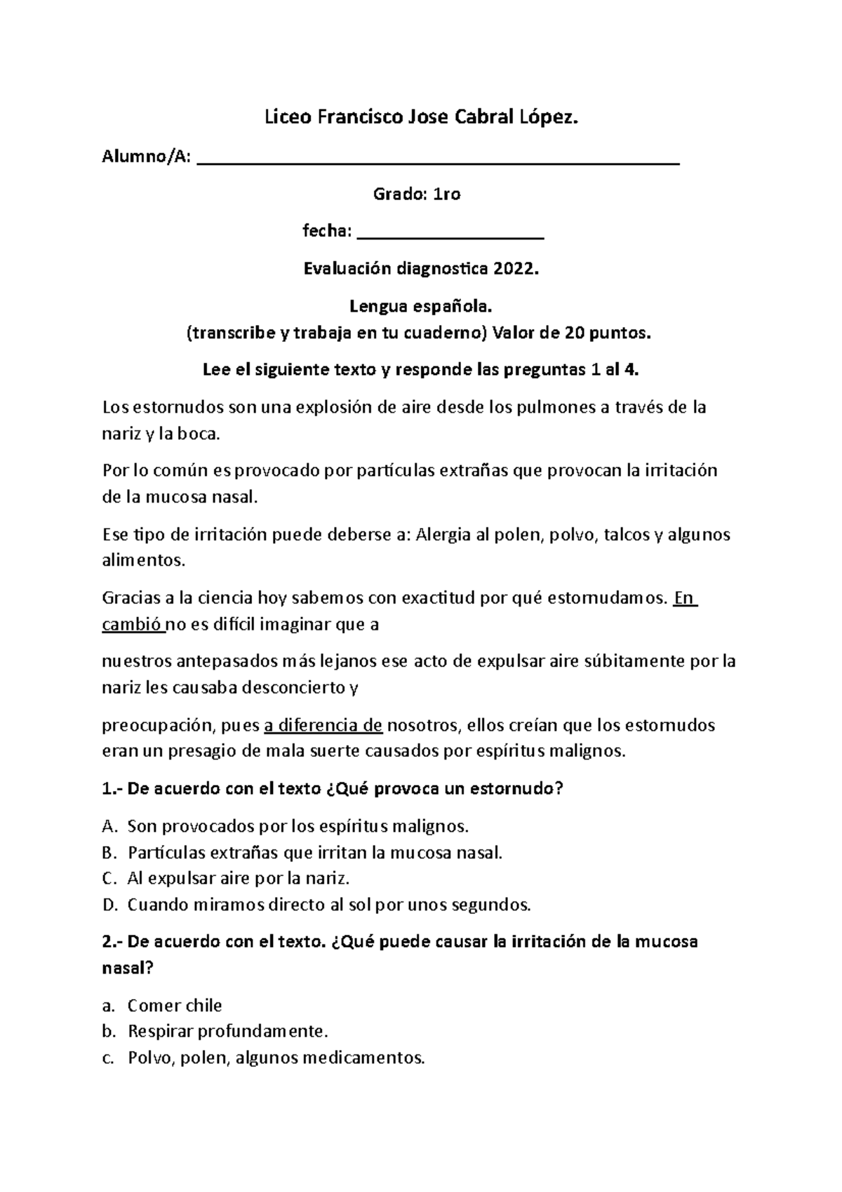 Evaluación Diagnóstica 1ro Grado: Lengua Española 2022 - Studocu