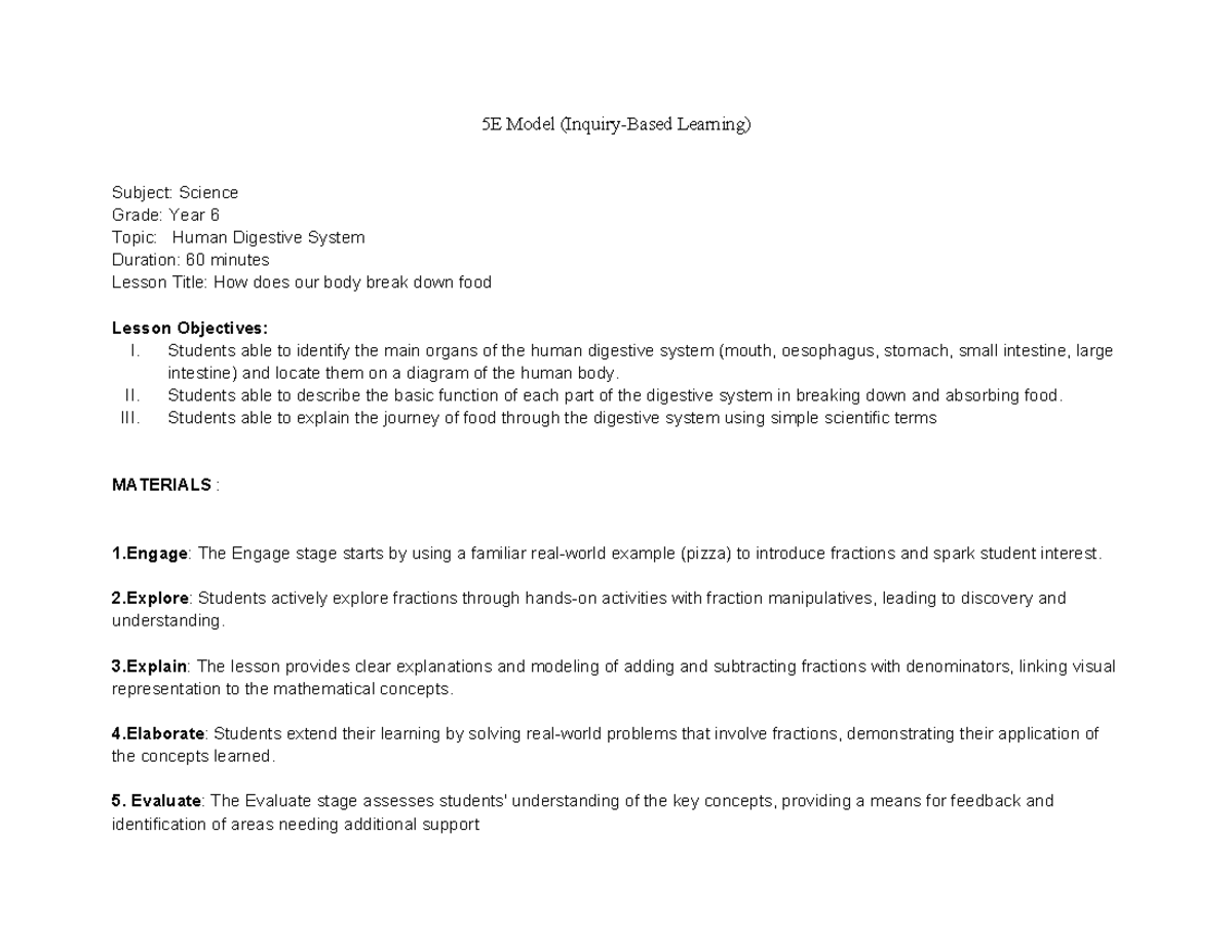 STEM IBL Lesson Plan: Human Digestive System (Year 6) - Studocu