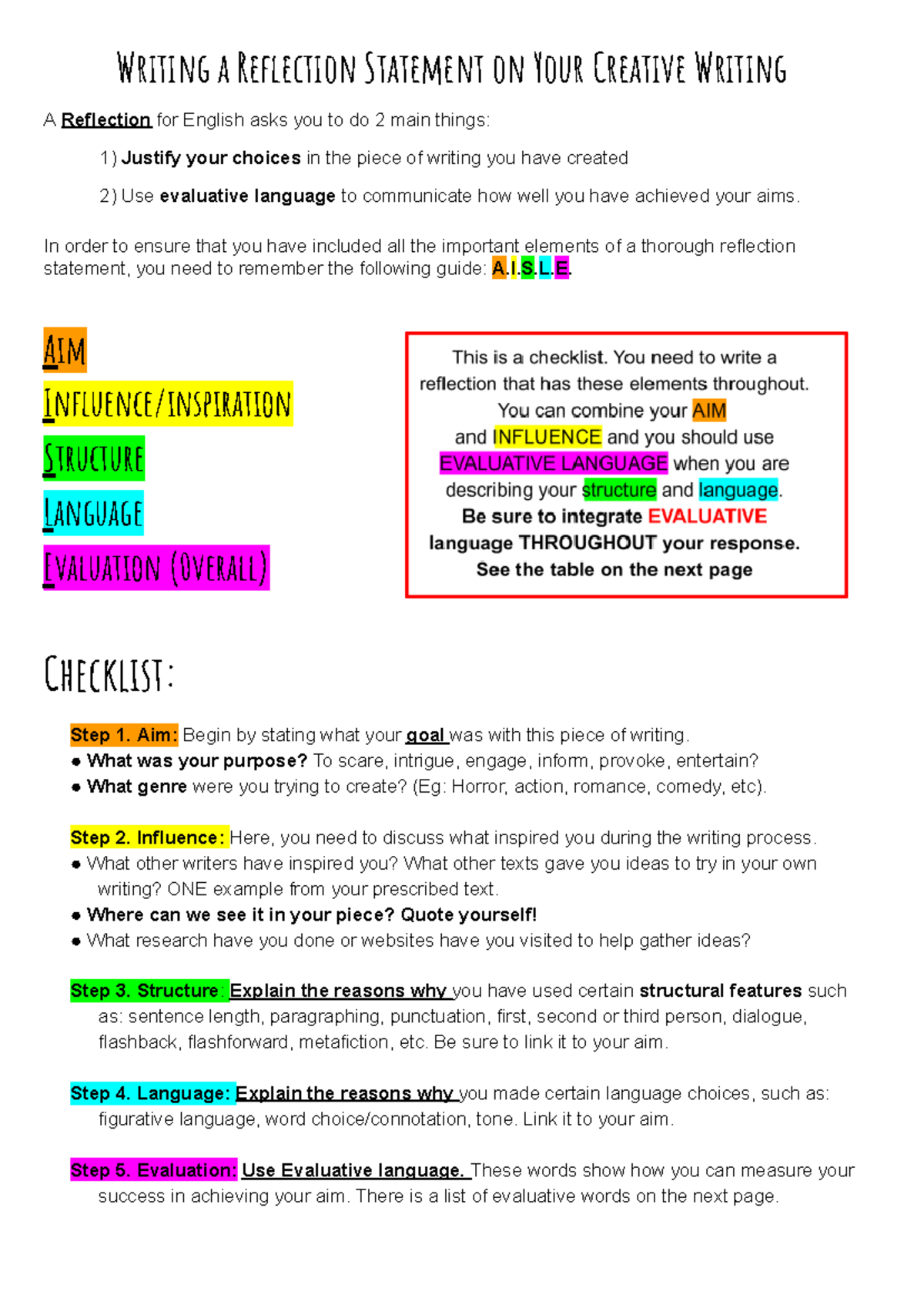 Reflection Statement Checklist for English Creative Writing - Studocu