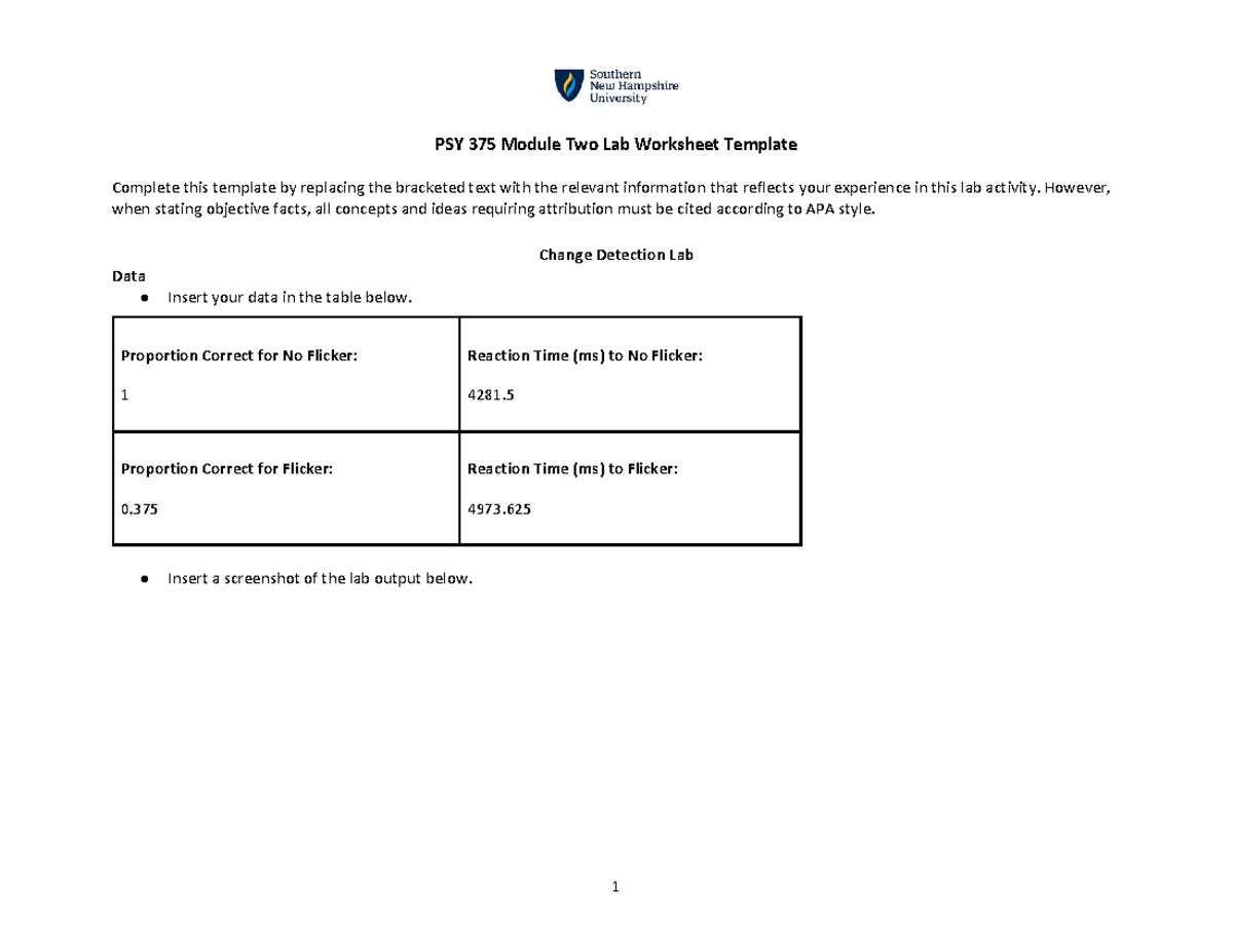 PSY 375 Module Two Lab Worksheet: Change Detection & Stroop Effect ...