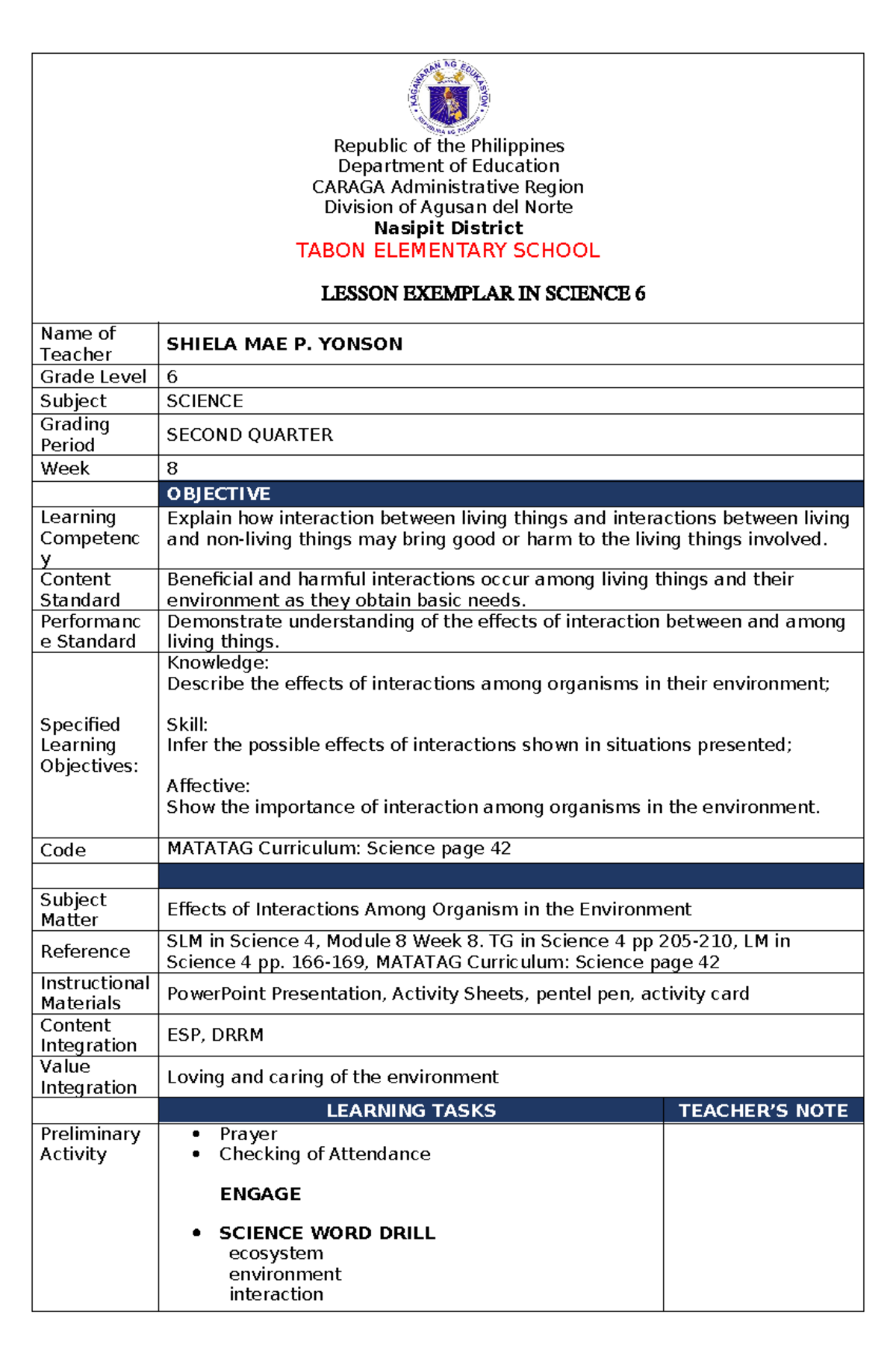 Grade 6 Science Lesson Exemplar: Interactions in the Environment - Studocu