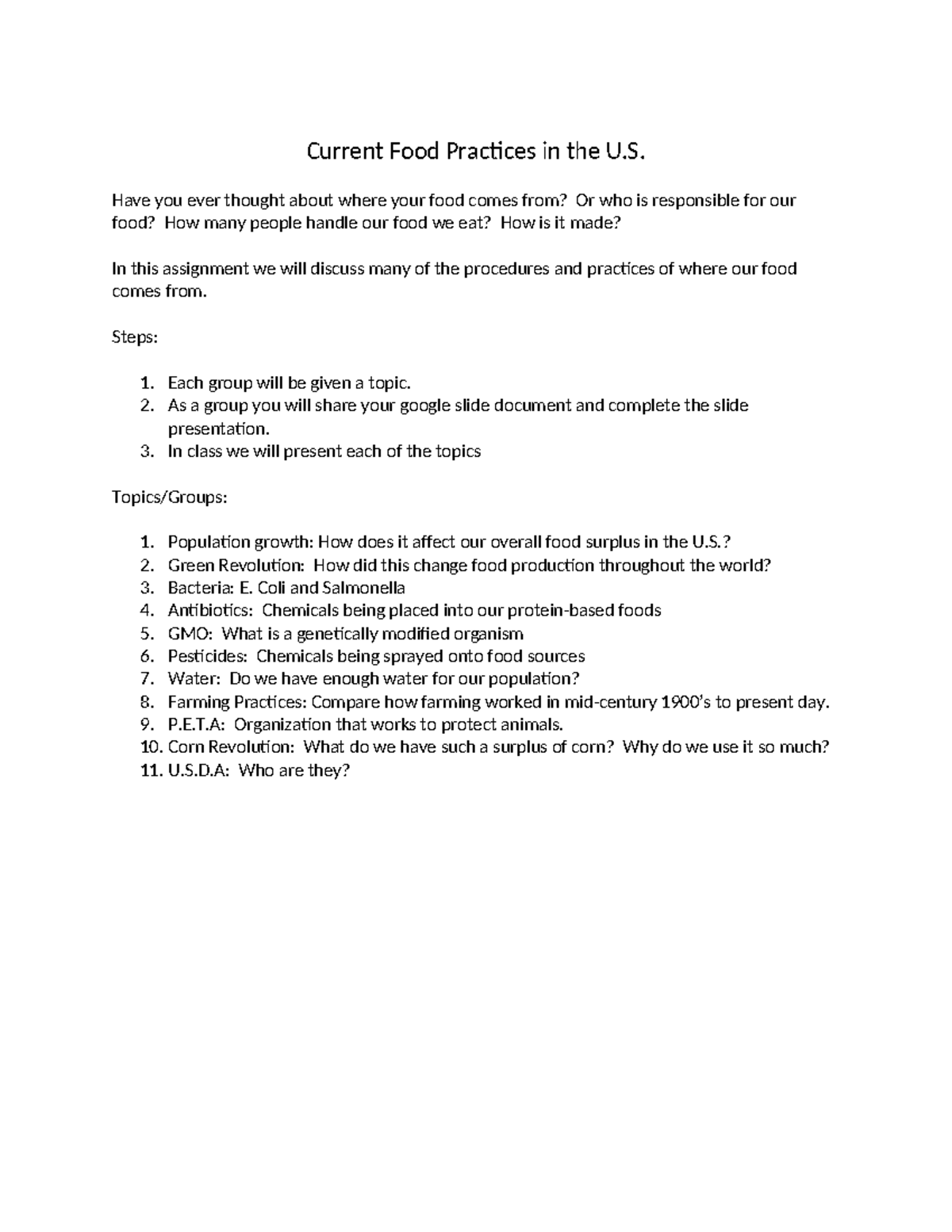 Current Food Practices in the U.S.: Group Presentation Guide - Studocu