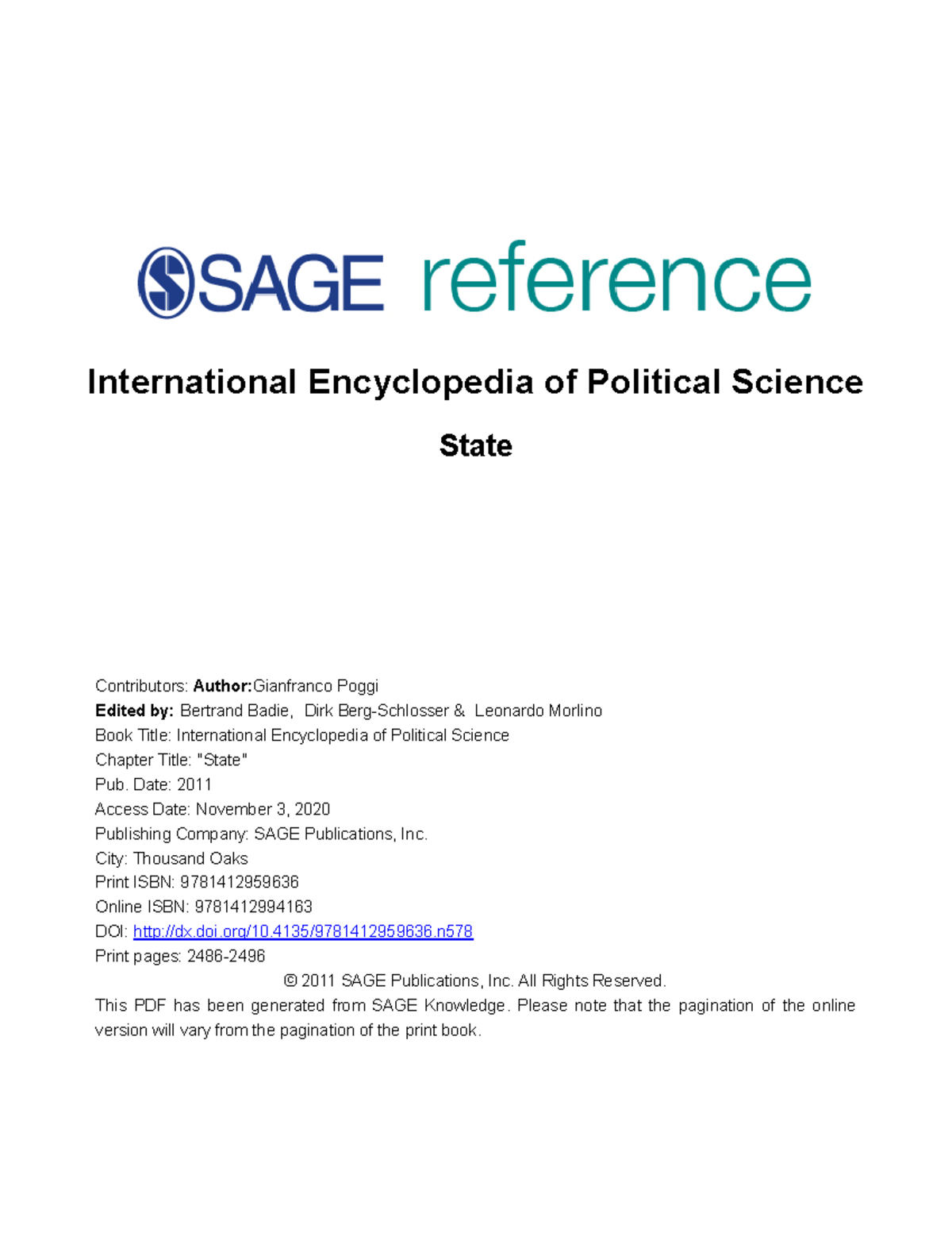 Intl. Encyclopedia of Political Science: Understanding the State - Studocu
