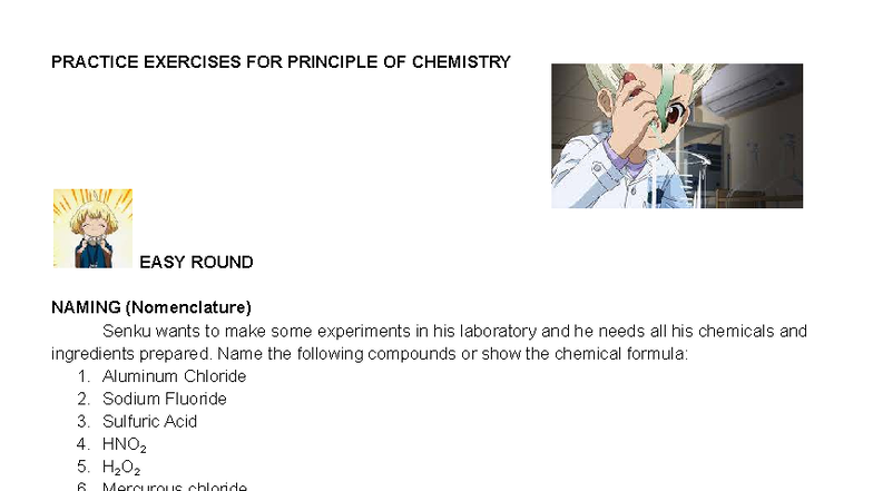 Practice Exercises for Principle of Chemistry: Nomenclature & Percent ...