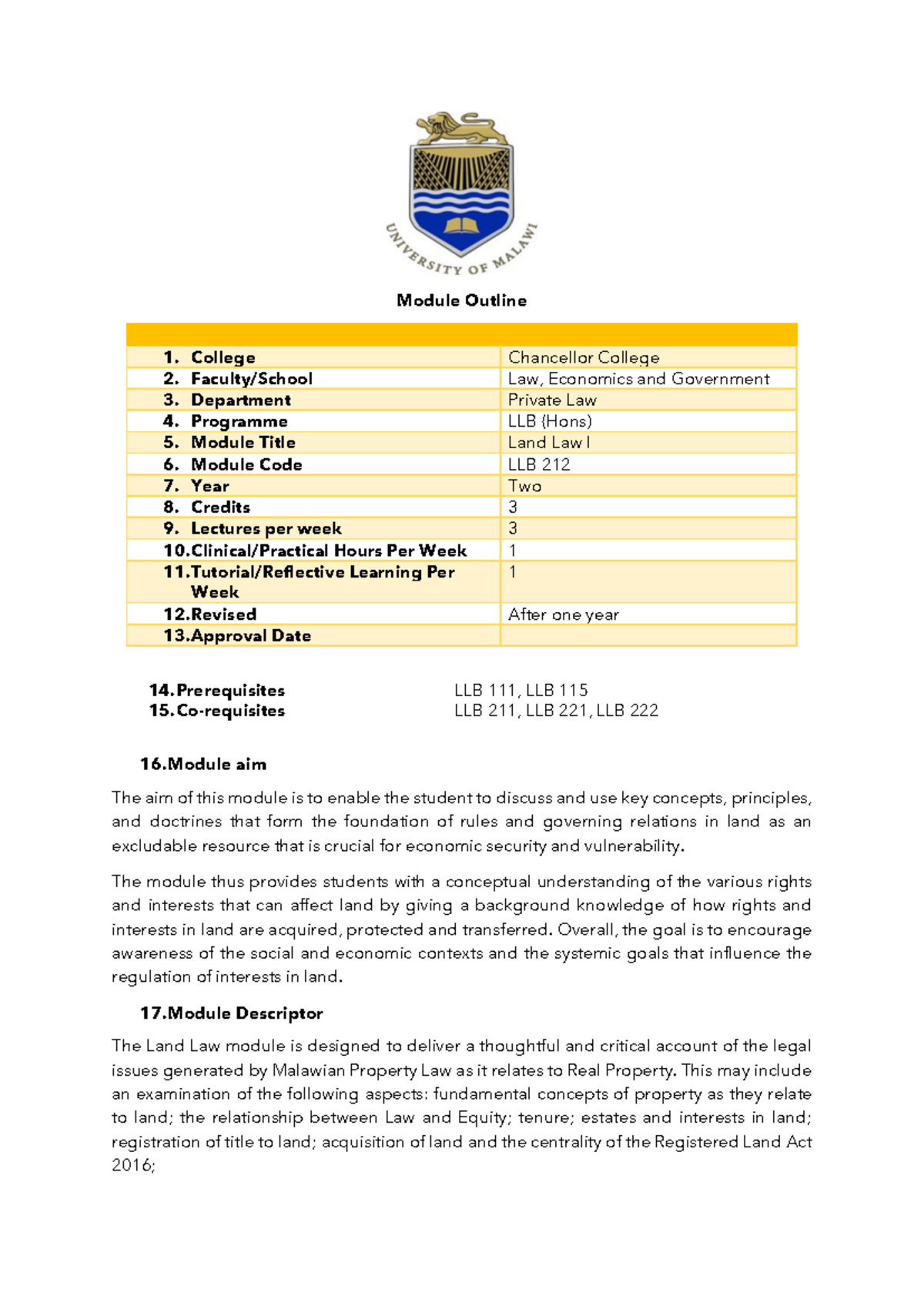 LLB 212 Land Law I Module Outline for 2024-25 - Studocu