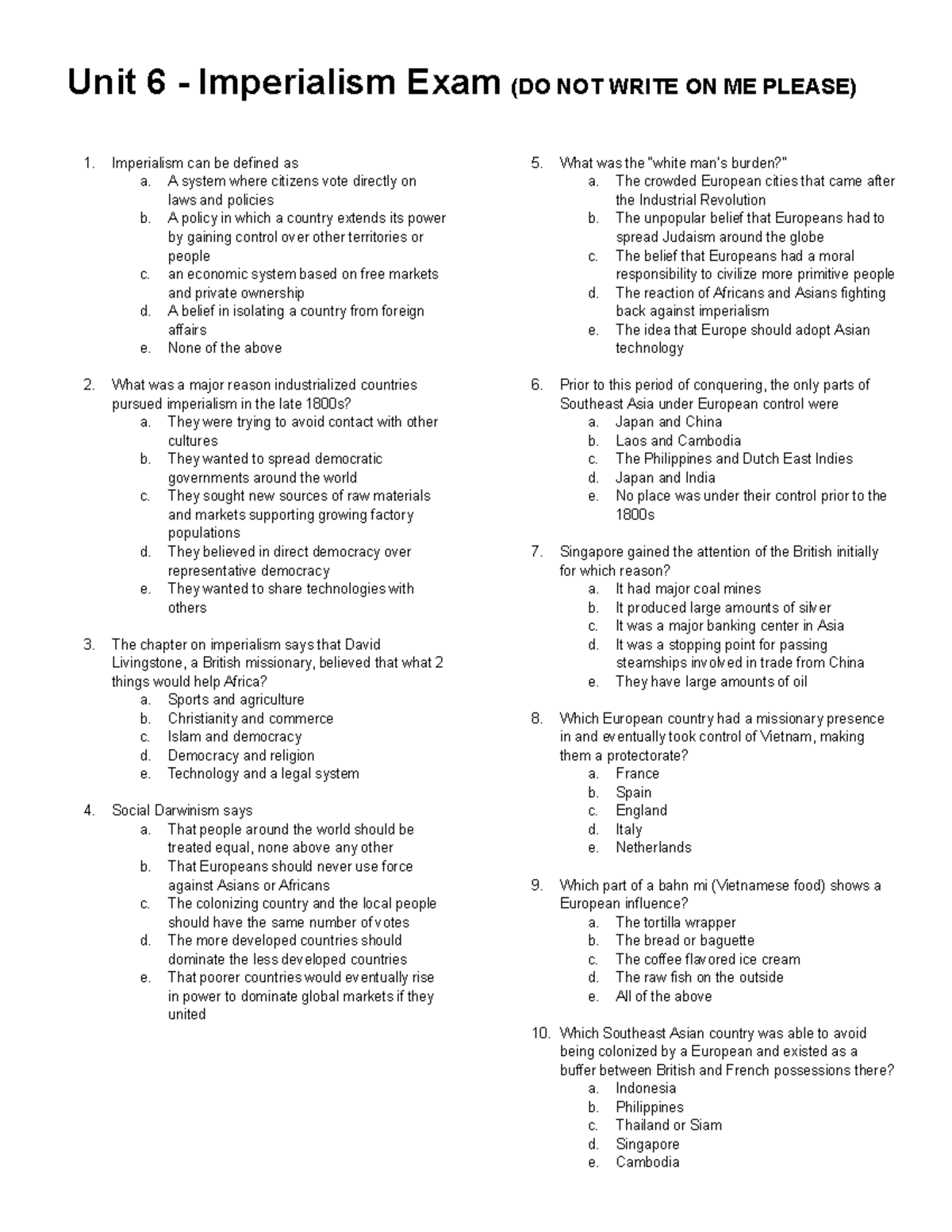 Unit 6 - Imperialism Exam Questions - Studocu