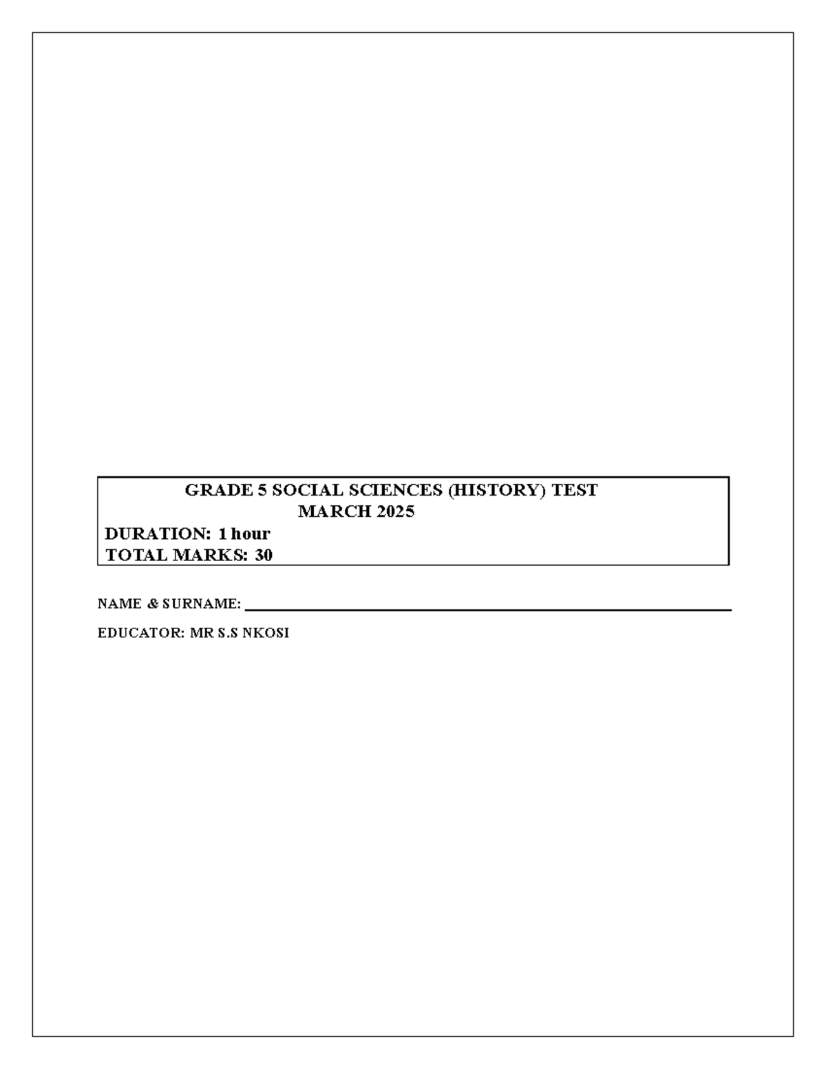 2025 GRADE 5 SOCIAL SCIENCES (HISTORY) TEST - MARCH - Studocu