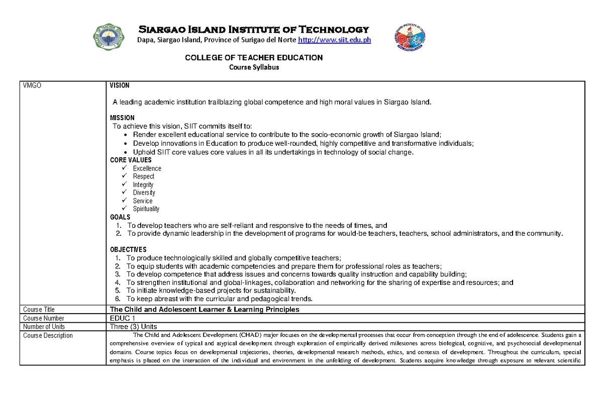 CHAD Syllabus - EDUC 1 - Child and Adolescent Development Overview ...
