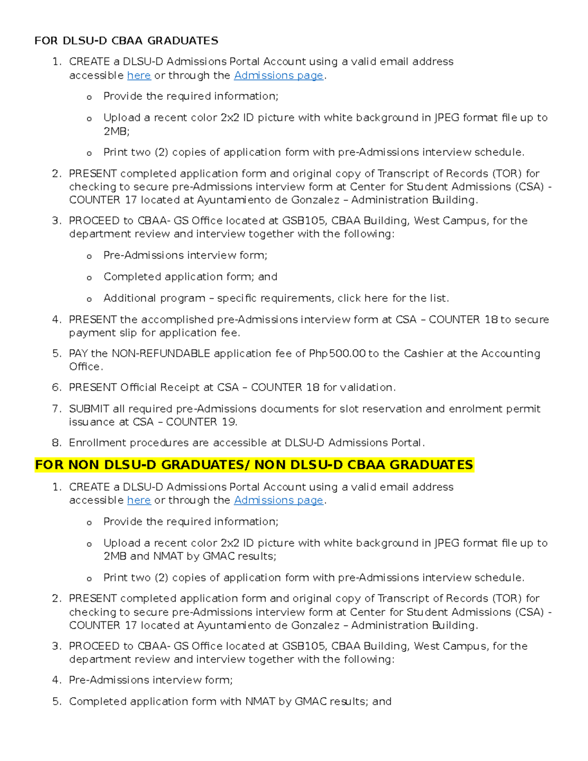 Admission - FOR DLSU-D CBAA GRADUATES 1. CREATE a DLSU-D Admissions ...
