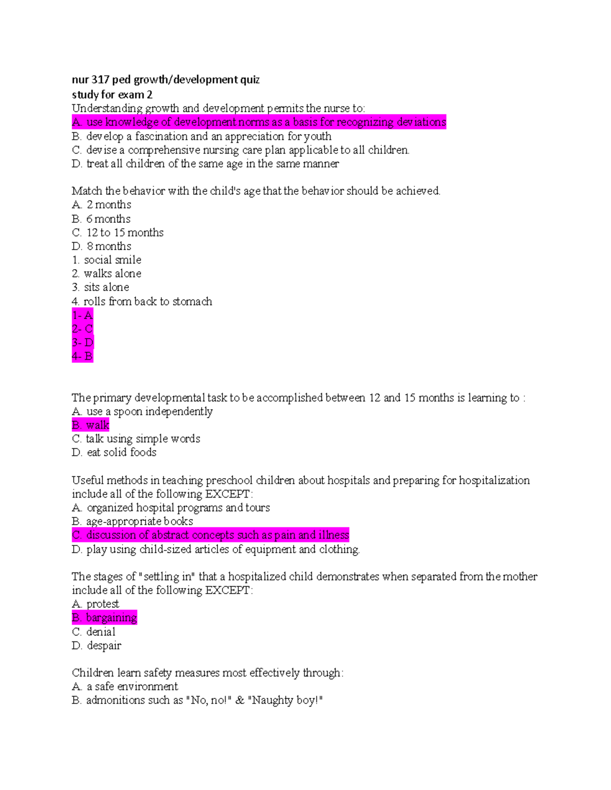 NUR 317 Pediatric Growth & Development Quiz Study for Exam 2 - Studocu