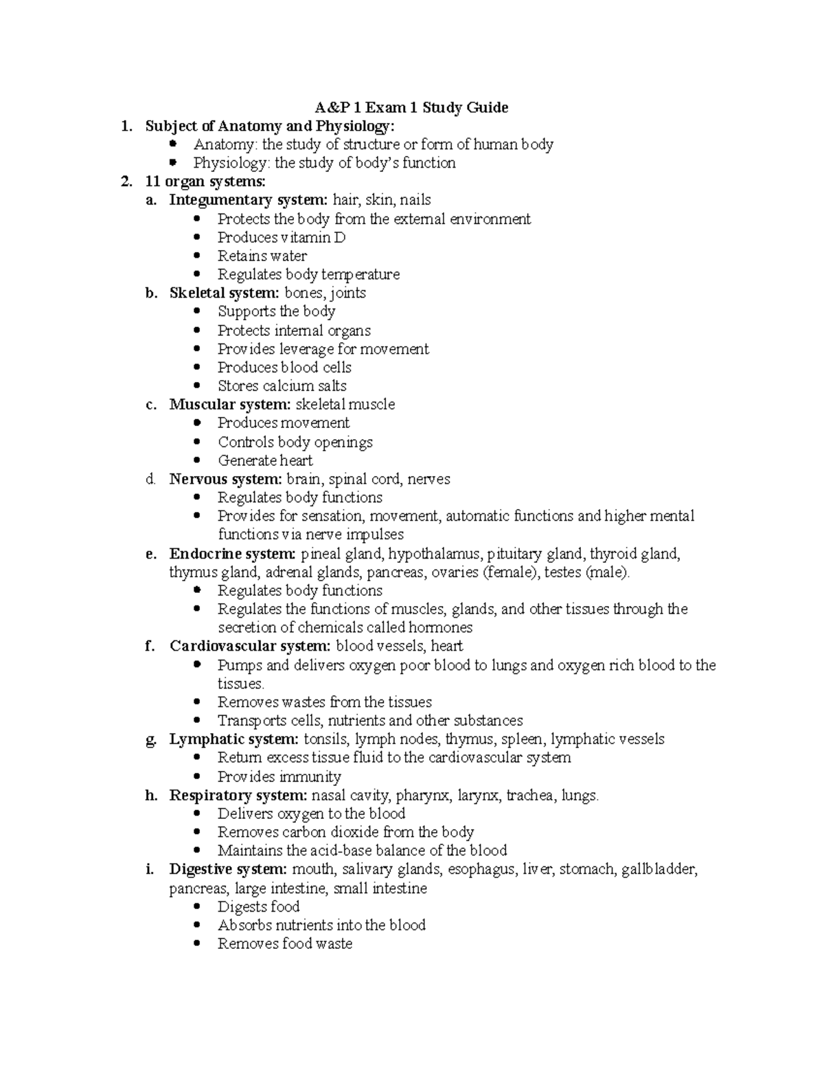A&P 1 Exam 1 Study Guide - Subject of Anatomy and Physiology: Anatomy ...