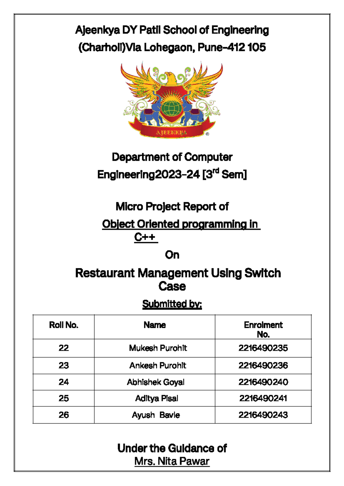 OOPS Microproject Report: Restaurant Management with C++ (2023-24) - Studocu