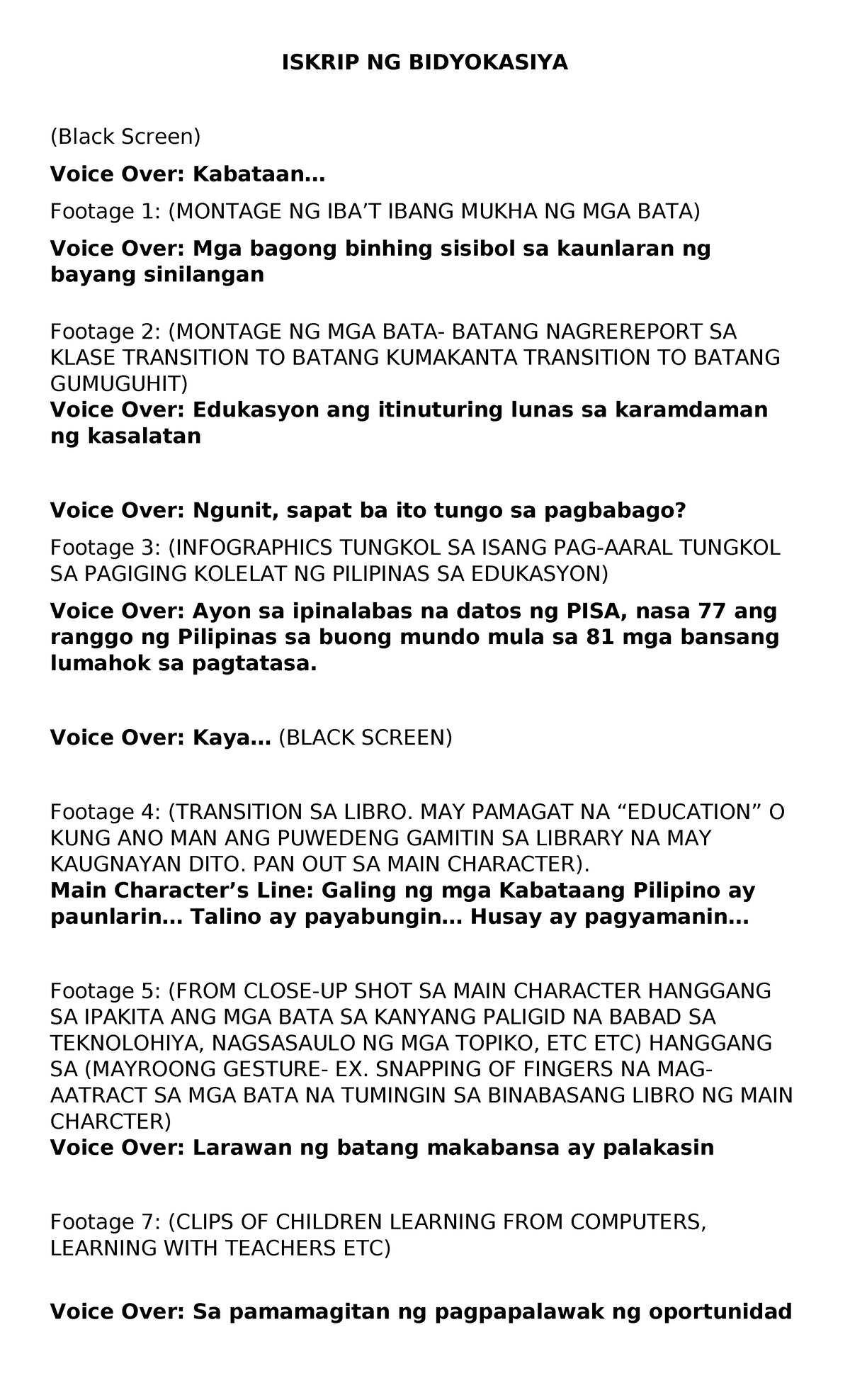 ISKRIP NG BIDYOKASIYA: Pagbabago sa Edukasyon ng Kabataan - Studocu
