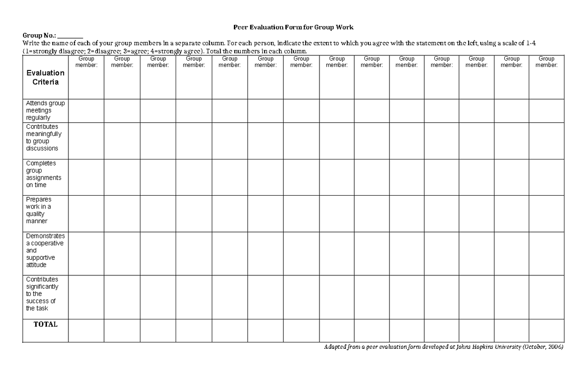 Peer Evaluation Form for Group Work - Assessment Criteria Overview ...