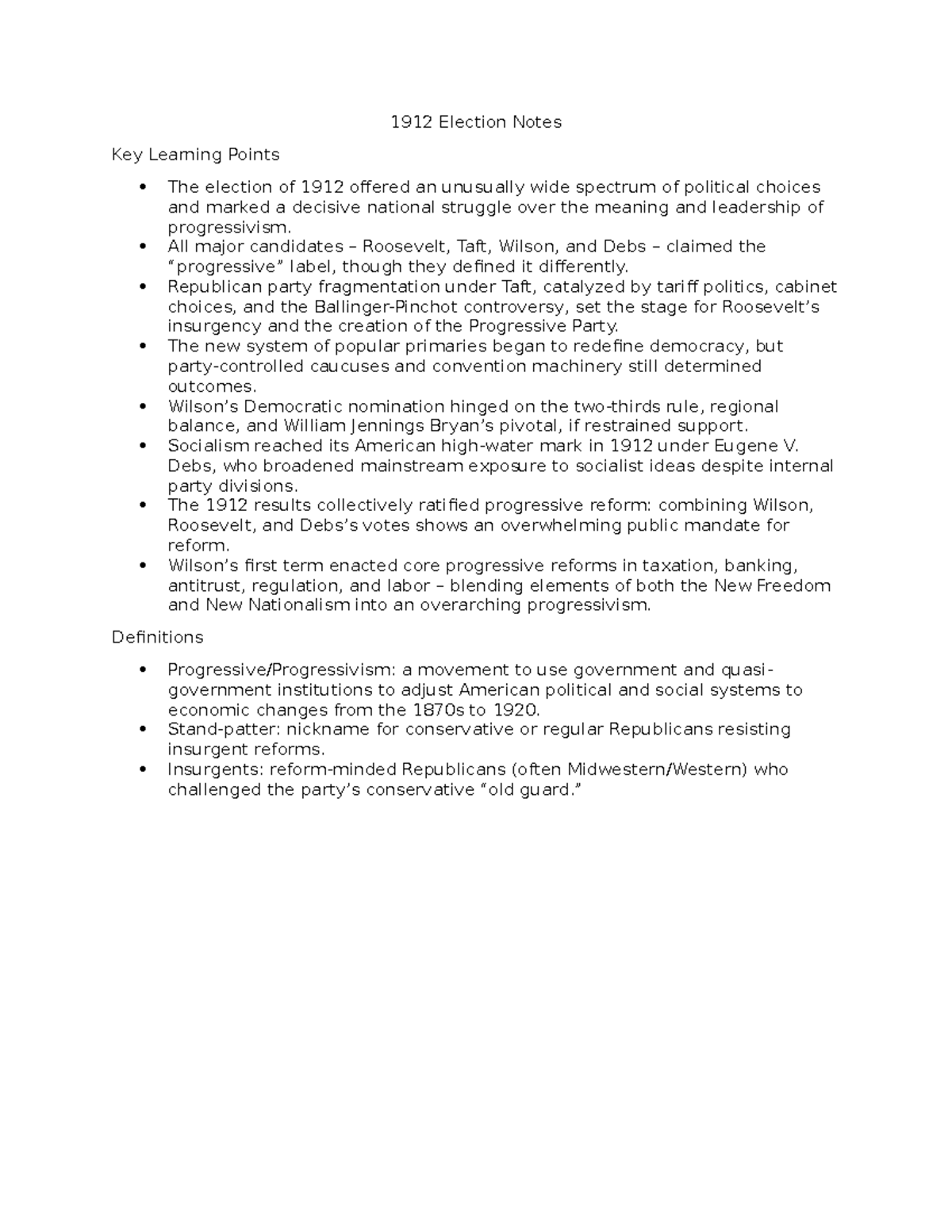 1912 Election Notes: Key Insights on Progressivism and Reform - Studocu