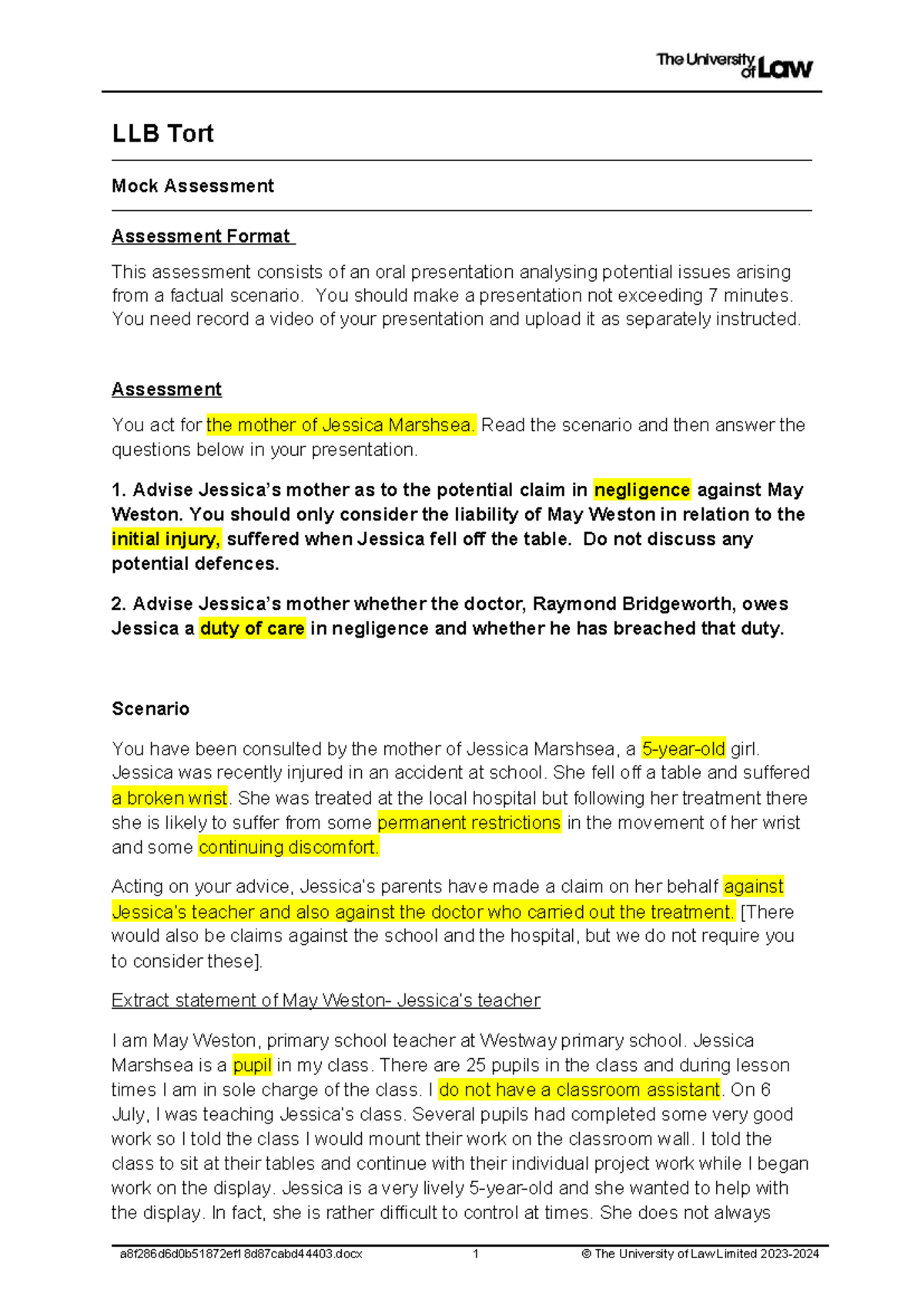 LLB Tort CE02 Mock Assessment: Oral Presentation Guidelines - Studocu