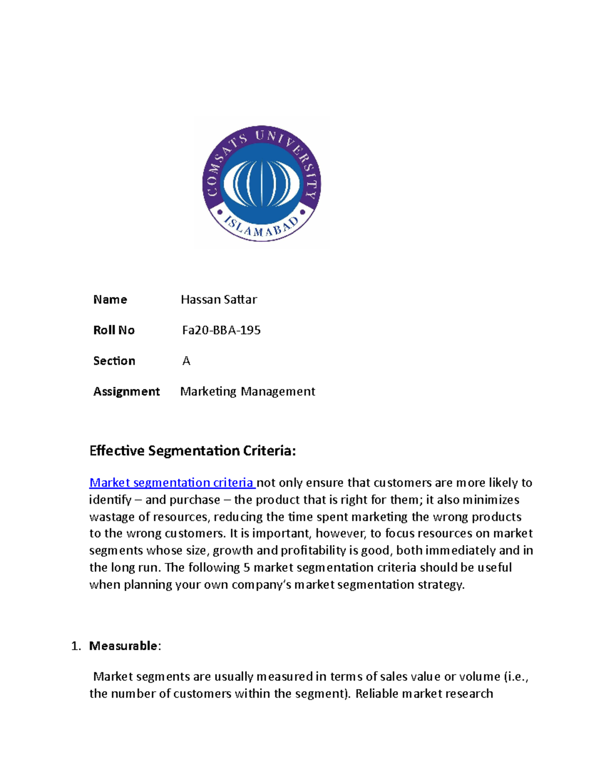 Marketing Management Assignment: Effective Segmentation Criteria - Studocu