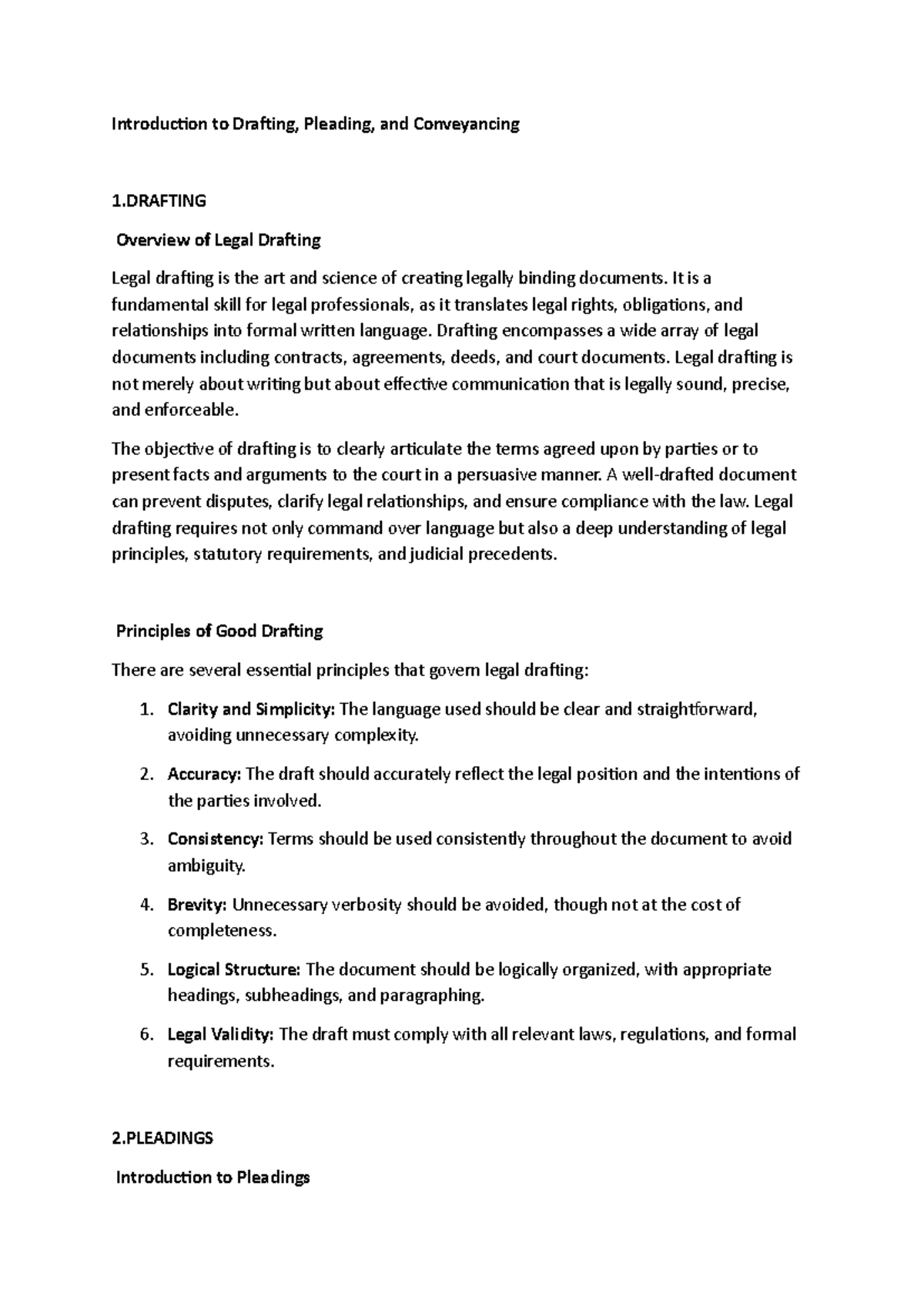Drafting, Pleading & Conveyancing Overview - Legal Skills 101 - Studocu