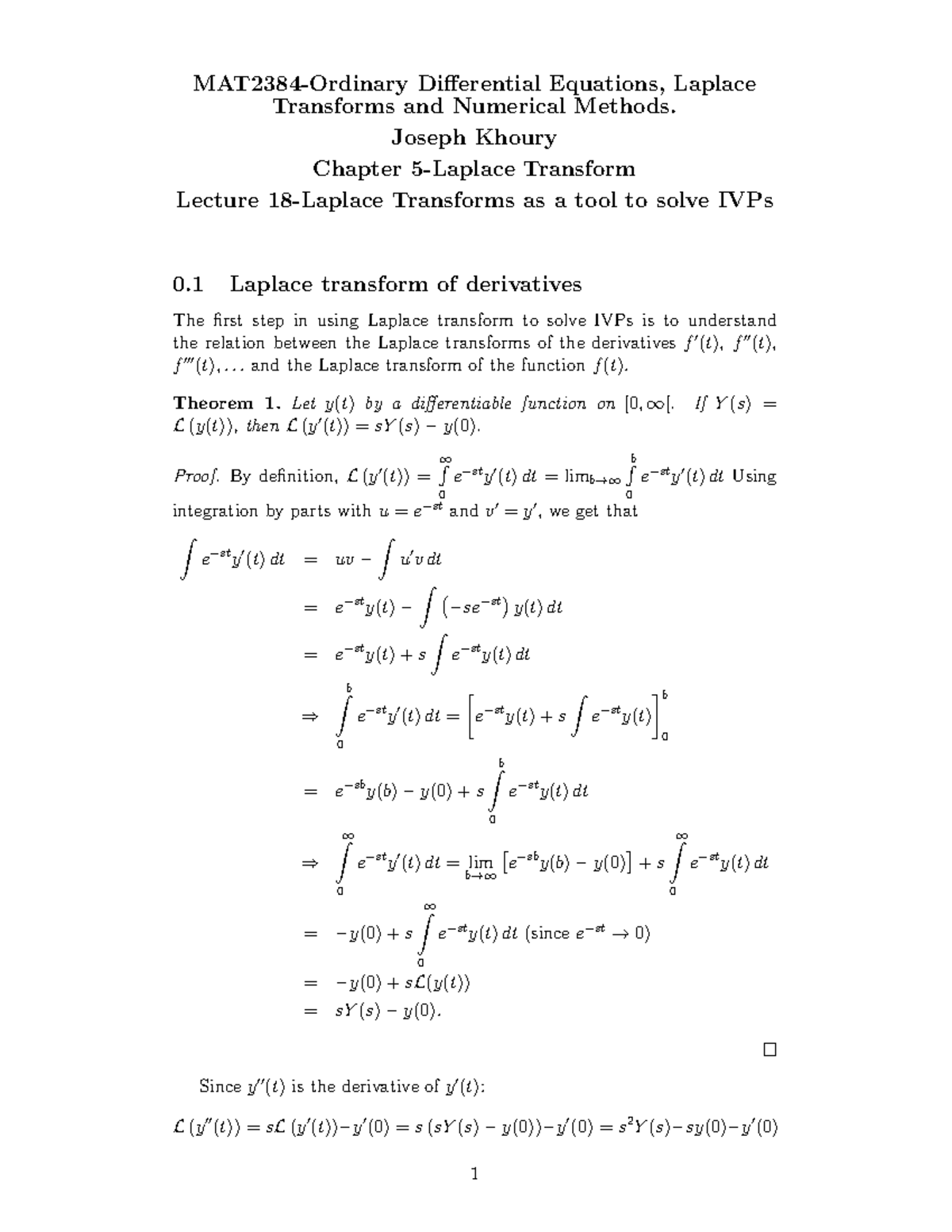 ODE 18: Differential Equations & Laplace Transforms Lecture Notes - Studocu