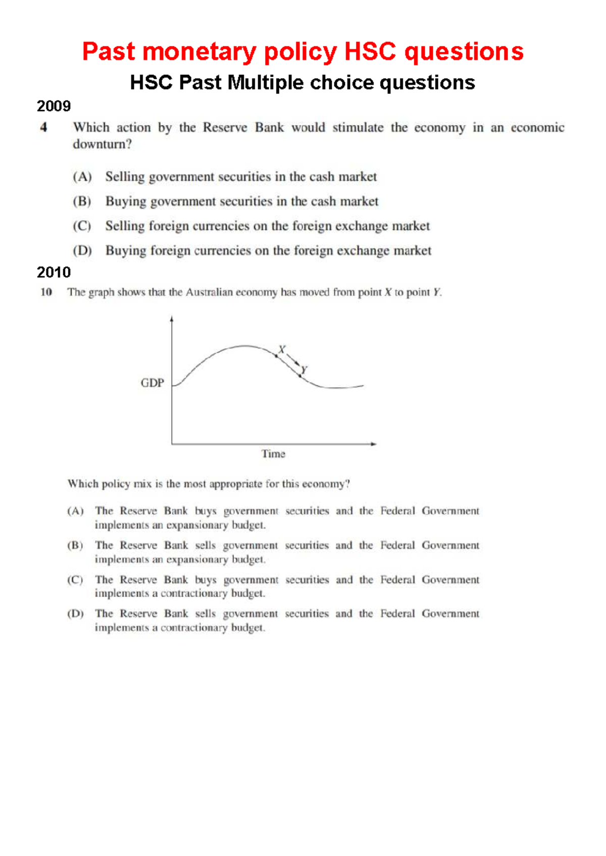 HSC Past Monetary Policy Questions & MCQs (2009-2023) - Studocu