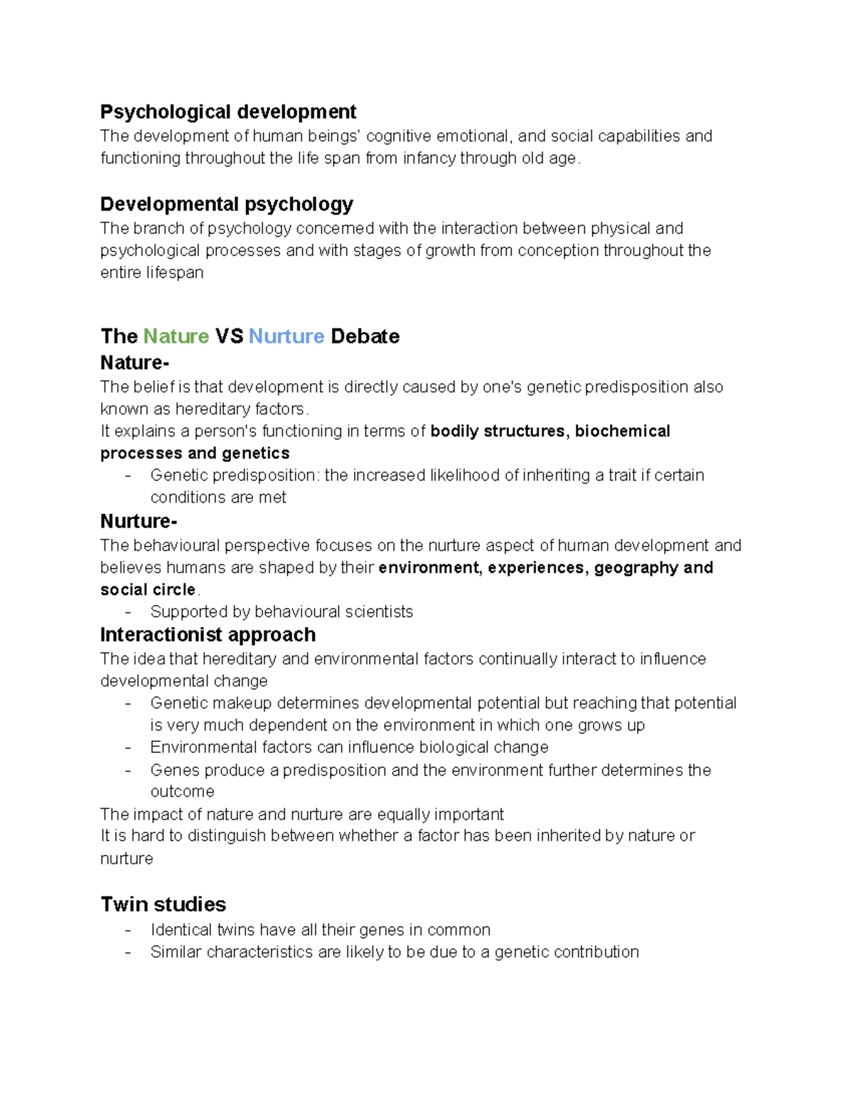 AOS 1 - Psychological Development: Nature vs. Nurture Insights - Studocu