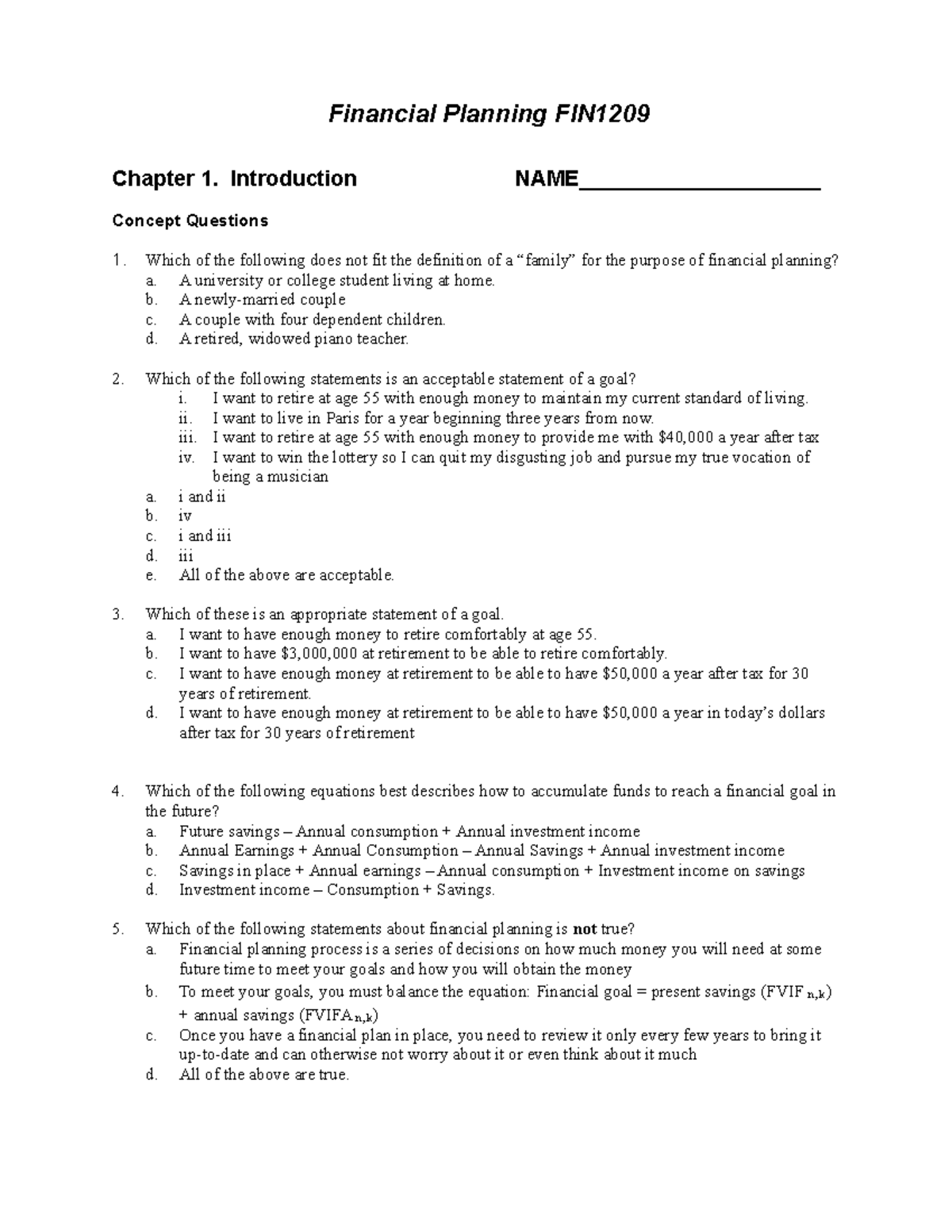 FIN1209 Chapter 1 Review Questions on Financial Planning - Studocu