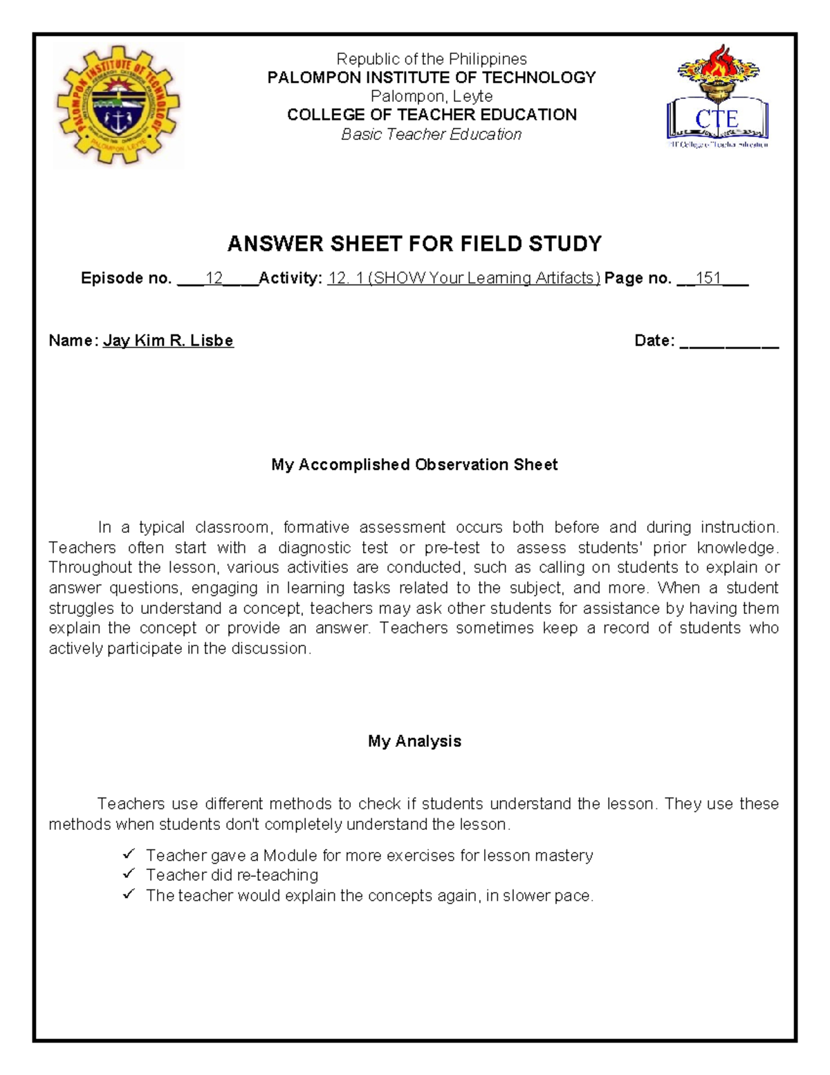 EP 12 - Learning Artifacts - ANSWER SHEET FOR FIELD STUDY Episode no. __12____Activity: 12. 1 ...