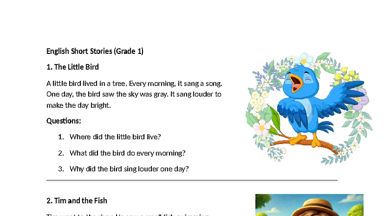 English Short Stories (Grade 1) - Reading Comprehension Questions - Studocu