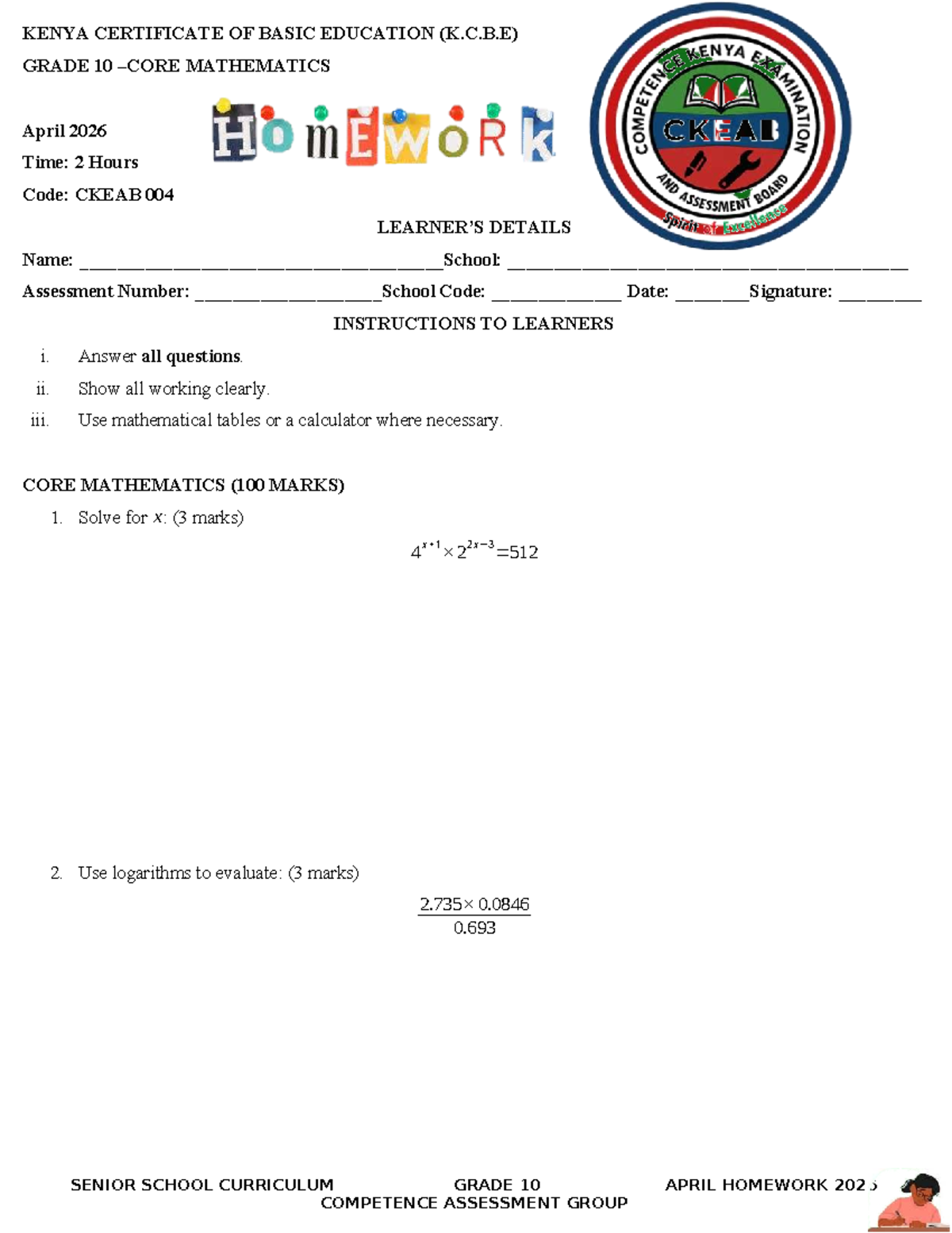 Grade 10 CORE Mathematics Assessment - April 2026 (K.C.B.E) - Studocu